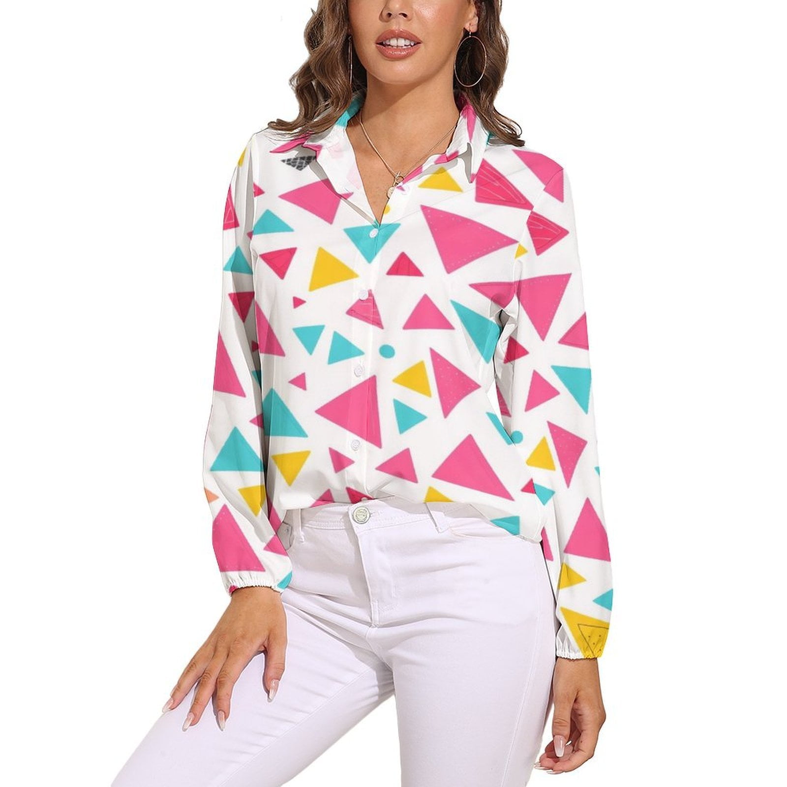 Blouses Women Colorful Triangle Pattern Shirt Autumn Long Sleeve Lapel ...
