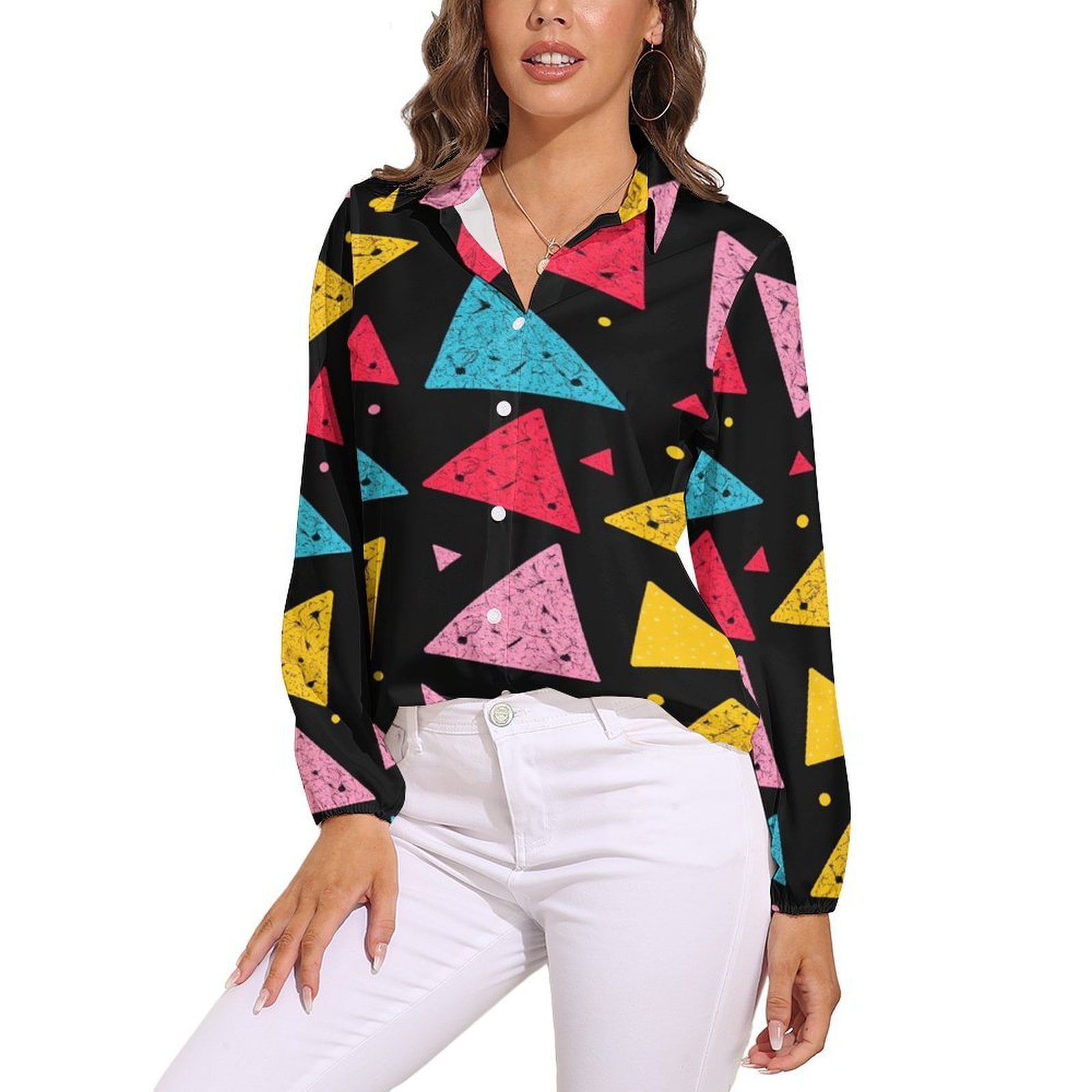 Blouses Women Colorful Triangle Pattern Shirt Autumn Long Sleeve Lapel ...