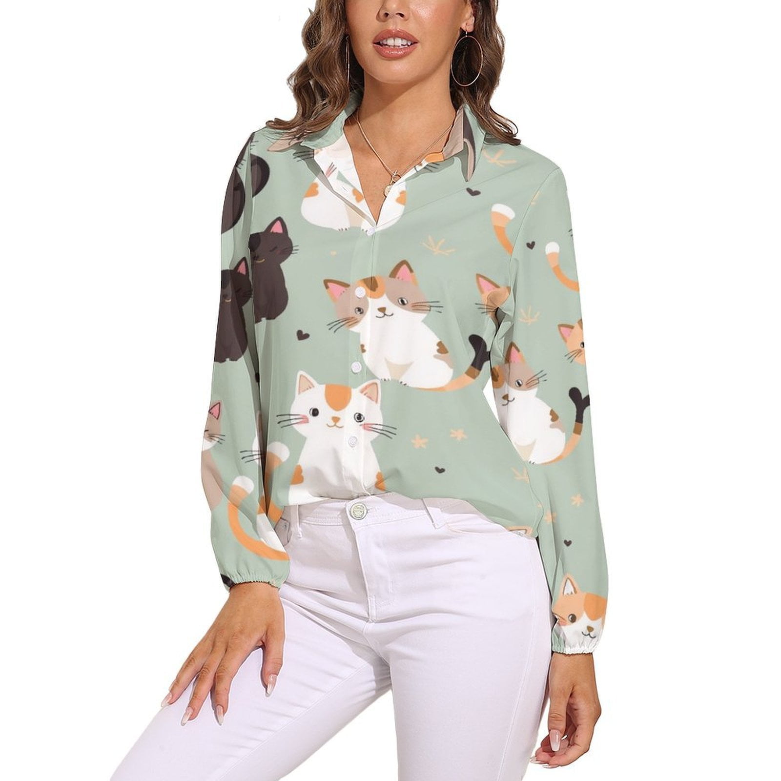Blouses Women Cute Cat Pattern Design Shirt Autumn Long Sleeve Lapel ...