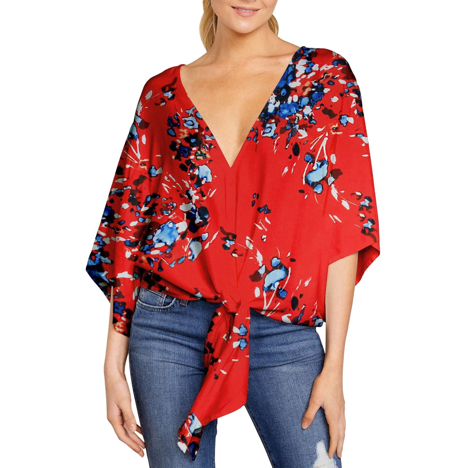 Blouses for Women Dressy Womens Tops Casaul Batwing Half Lenth Sleeve V Neck Floral Print Lace ...