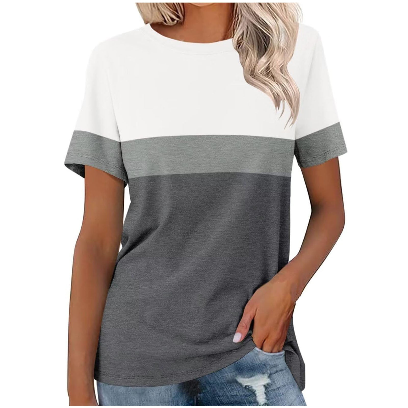 Wo-Fusoul Short Sleeve Blouses for Women Women's Striped Printed Round ...