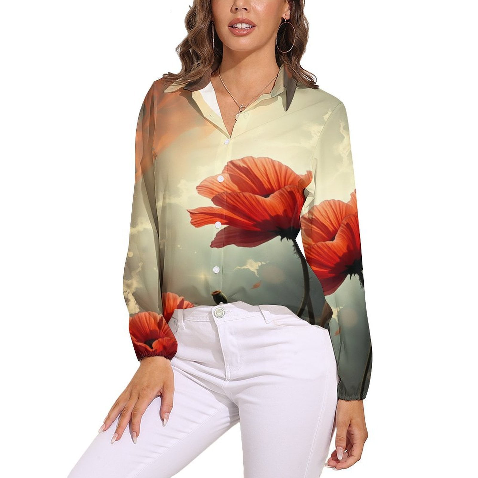 Blouses Women Flower Red Poppy White Dirty Shirt Autumn Long Sleeve ...