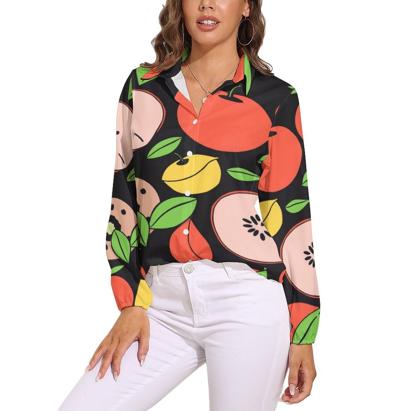 Blouses Women Fruit Pattern Design Shirt Autumn Long Sleeve Lapel Tops ...