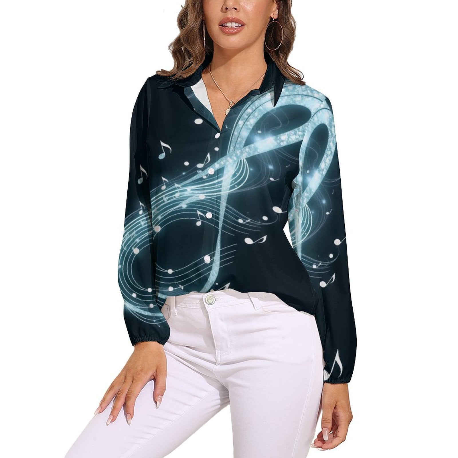 Blouses Women Glowing Musical Notes Shirt Autumn Long Sleeve Lapel Tops ...