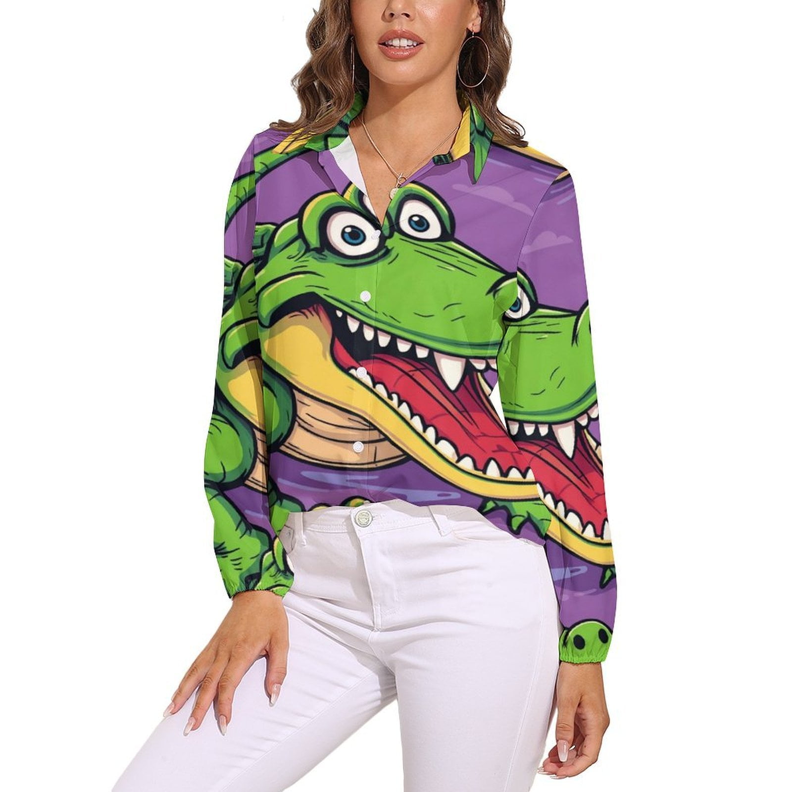 Blouses Women Happy Green Crocodiles Shirt Autumn Long Sleeve Lapel ...