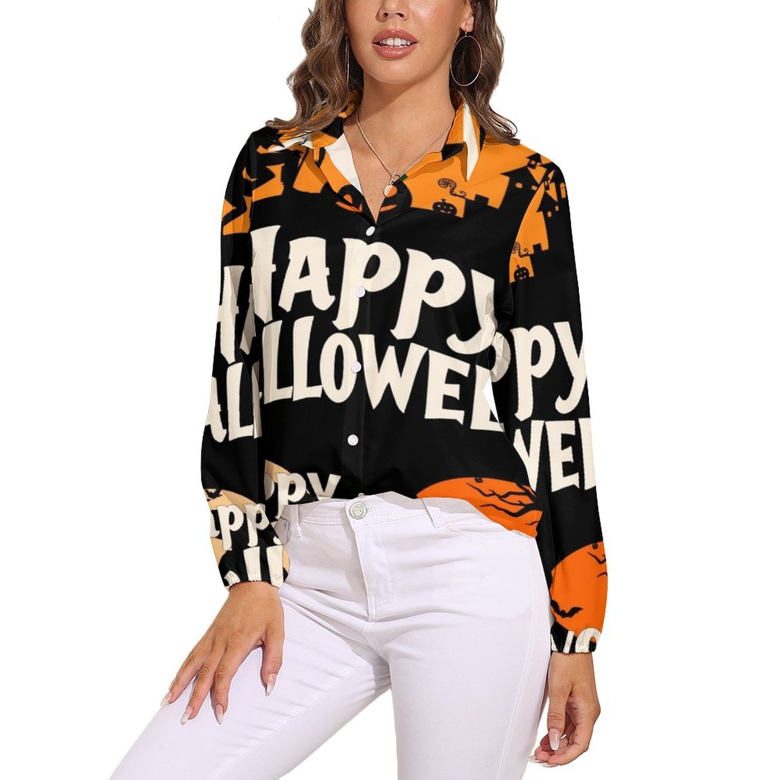Blouses Women Happy Halloween Friends Shirt Autumn Long Sleeve Lapel ...
