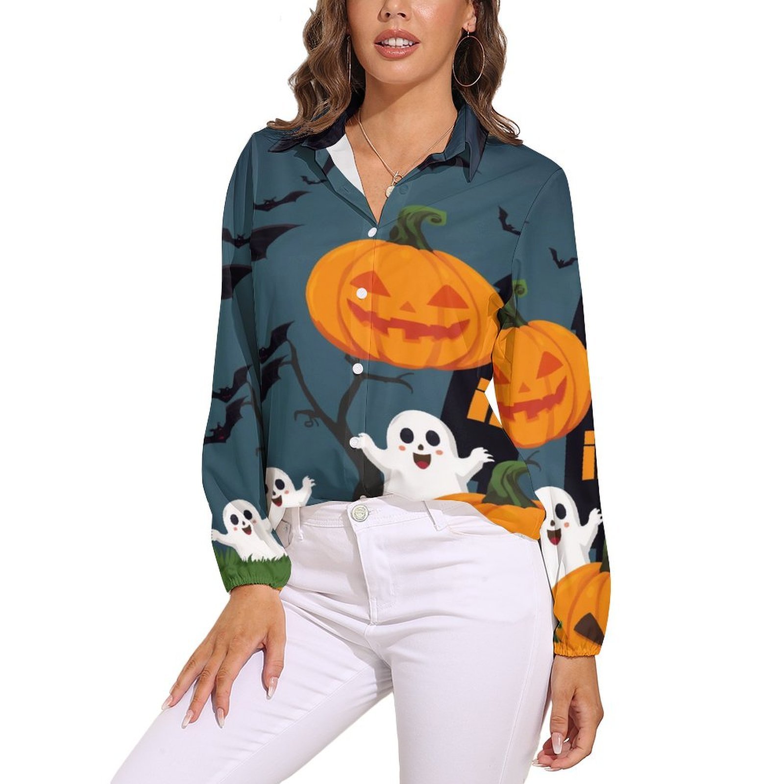 Blouses Women Happy Halloween Night Shirt Autumn Long Sleeve Lapel Tops ...