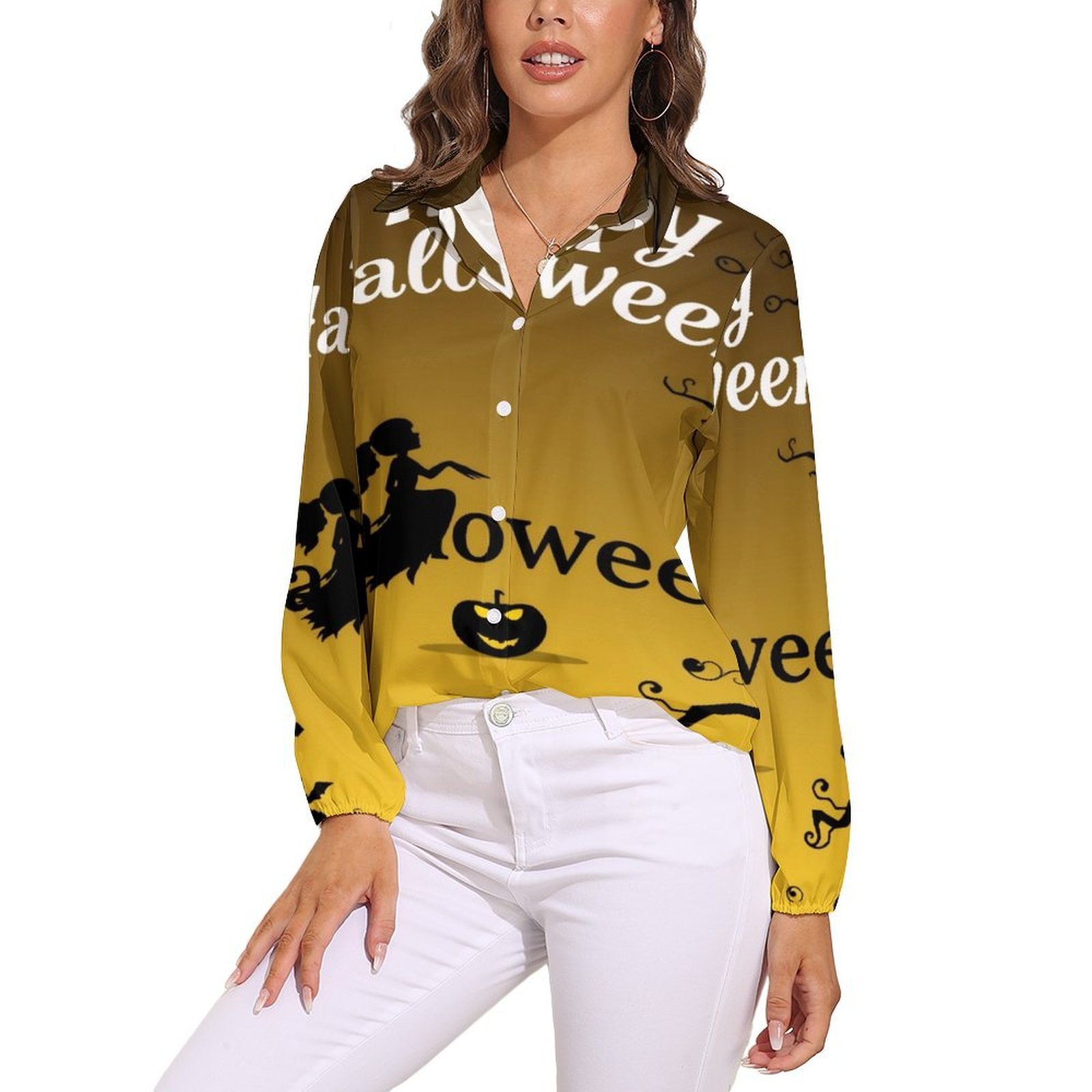 Blouses Women Happy Halloween Night Shirt Autumn Long Sleeve Lapel Tops ...