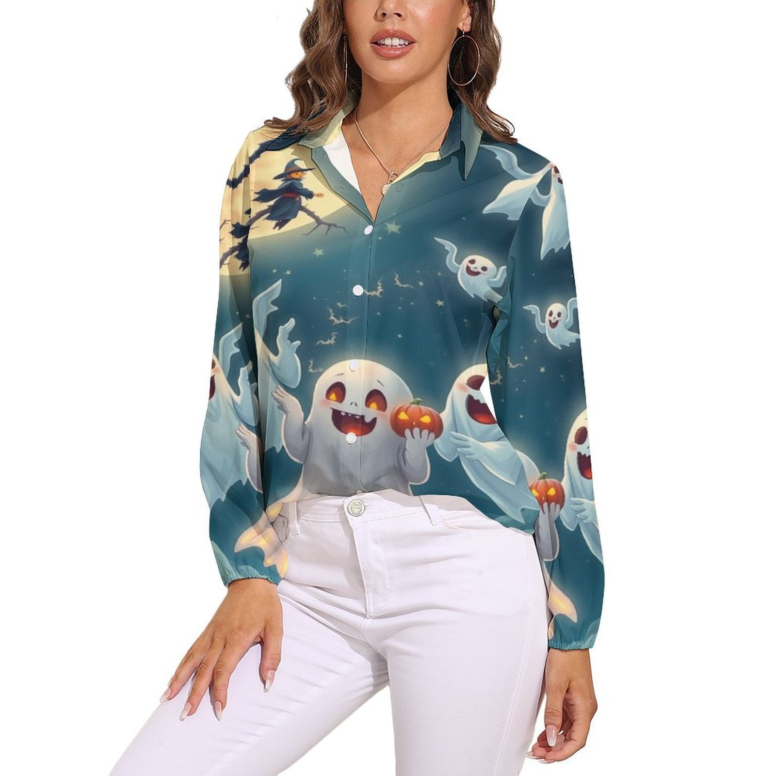 Blouses Women Happy Halloween Spooky Ghosts Fun Shirt Autumn Long ...