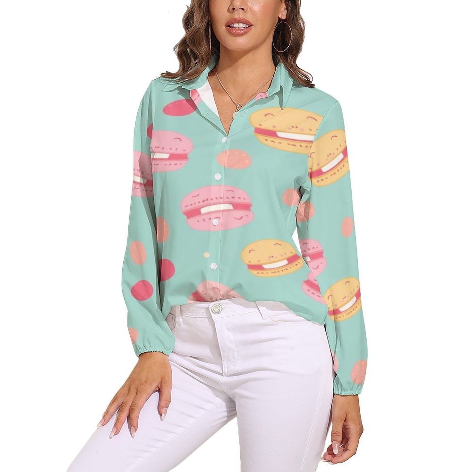 Blouses Women Happy Macaron Pattern Shirt Autumn Long Sleeve Lapel Tops ...