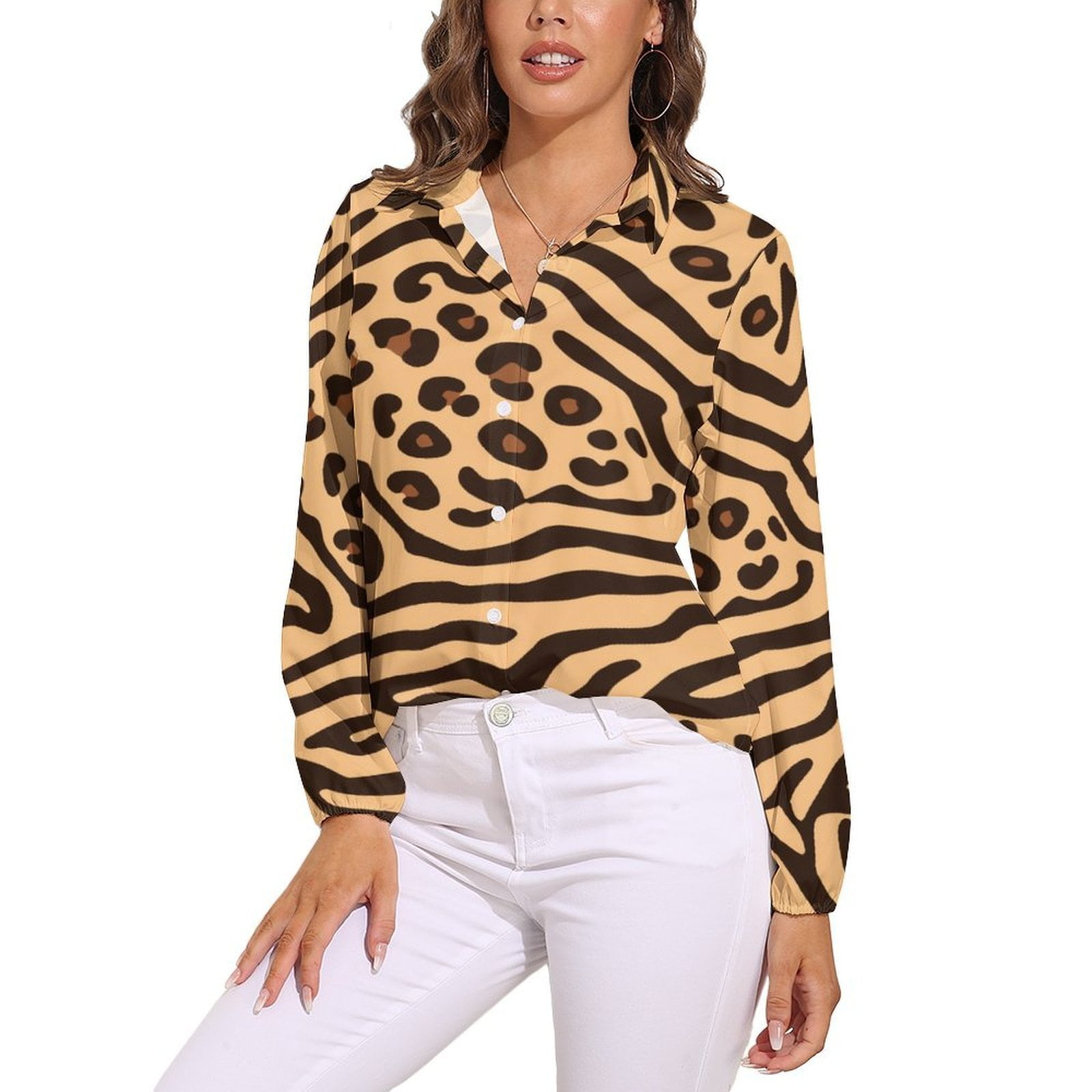 Blouses Women Leopard Print Pattern Shirt Autumn Long Sleeve Lapel Tops ...