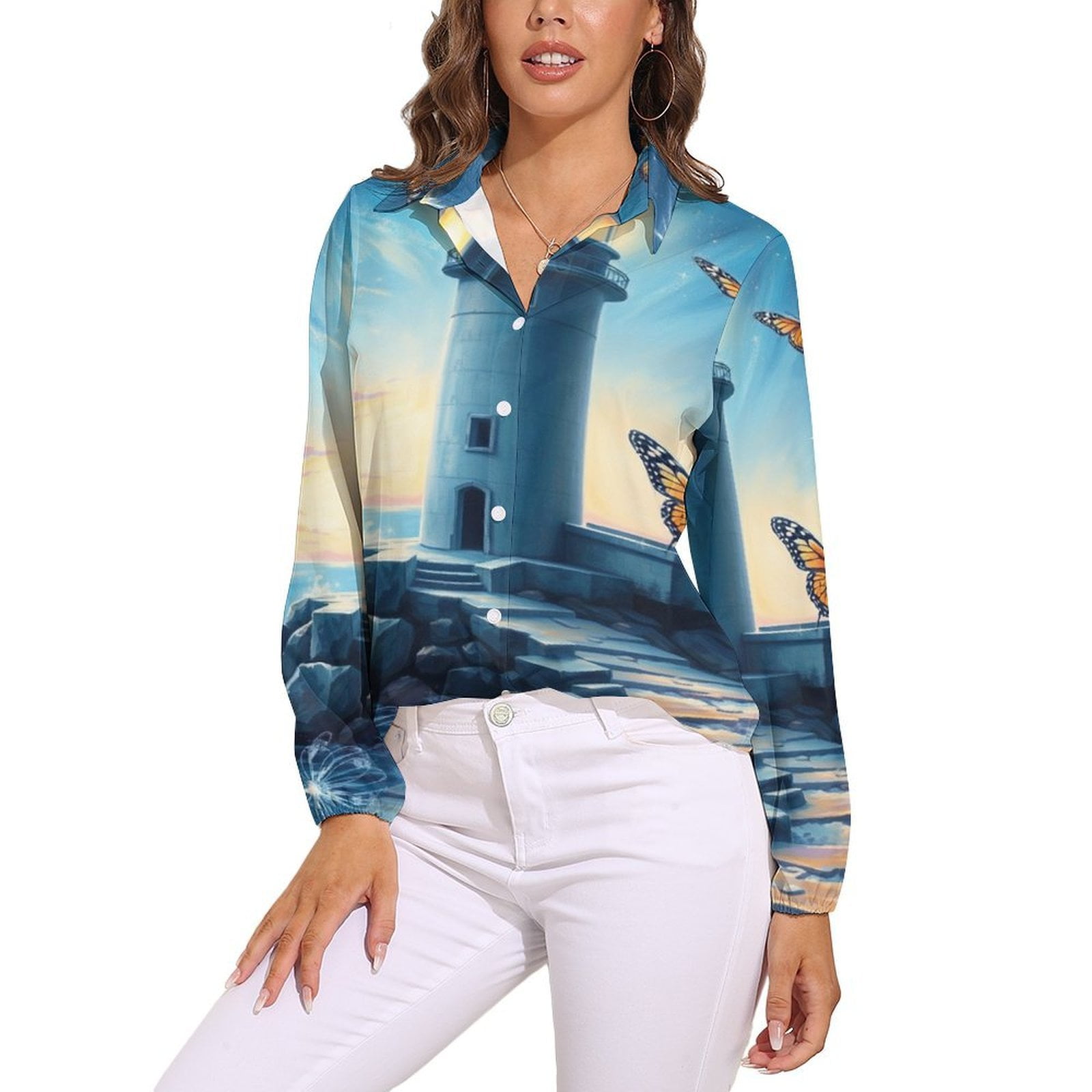 Blouses Women Lighthouse Magical Butterflies Shirt Autumn Long Sleeve ...