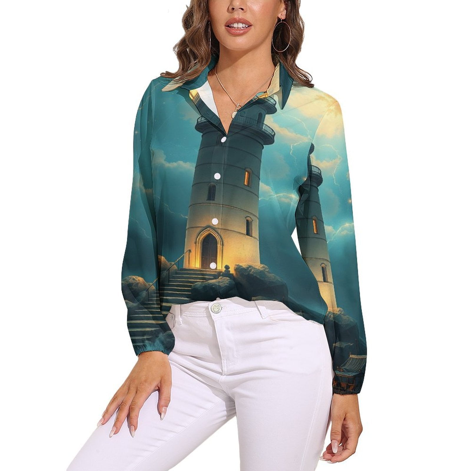 Blouses Women Lighthouse Stormy Night Sea Shirt Autumn Long Sleeve ...