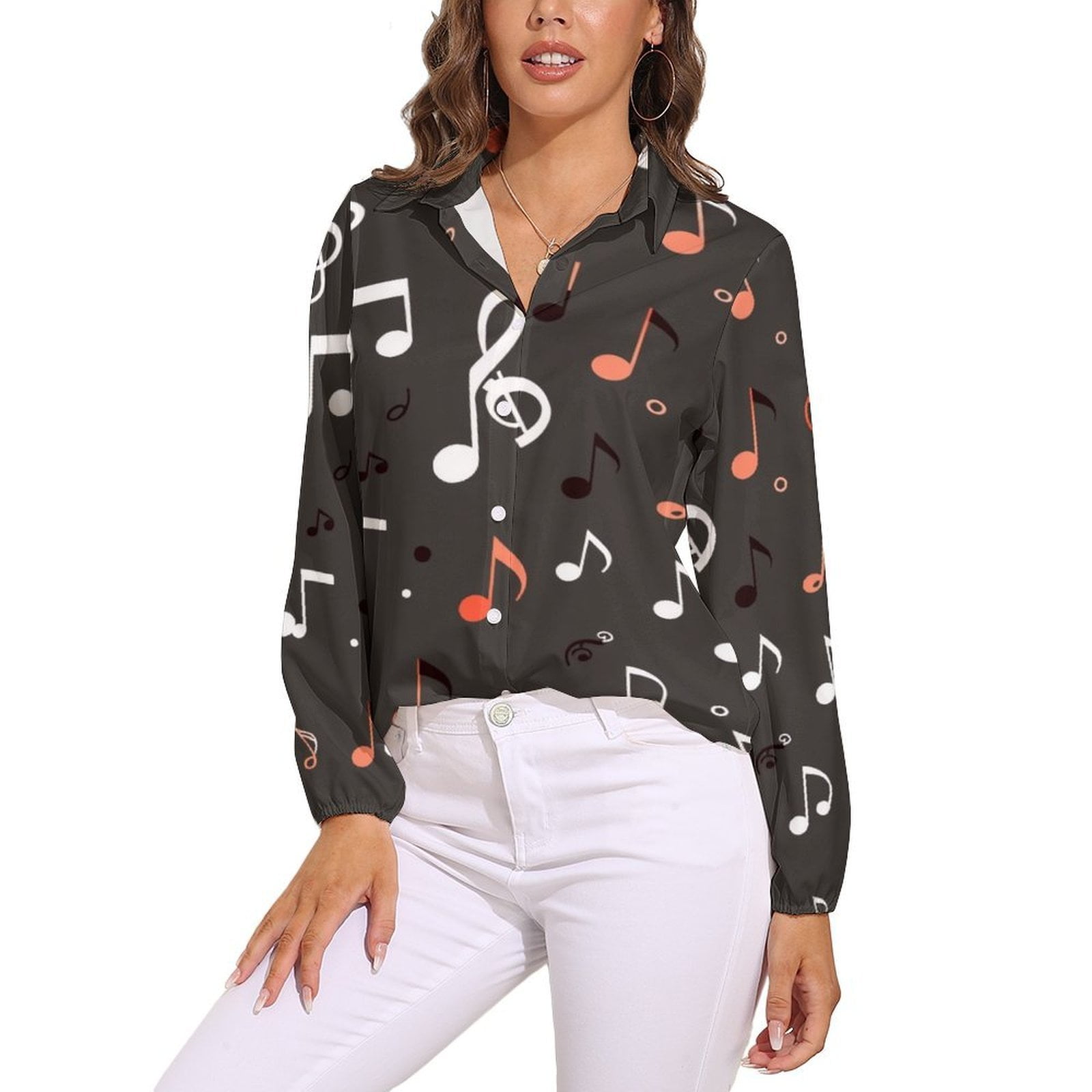 Blouses Women Musical Note Pattern Shirt Autumn Long Sleeve Lapel Tops ...