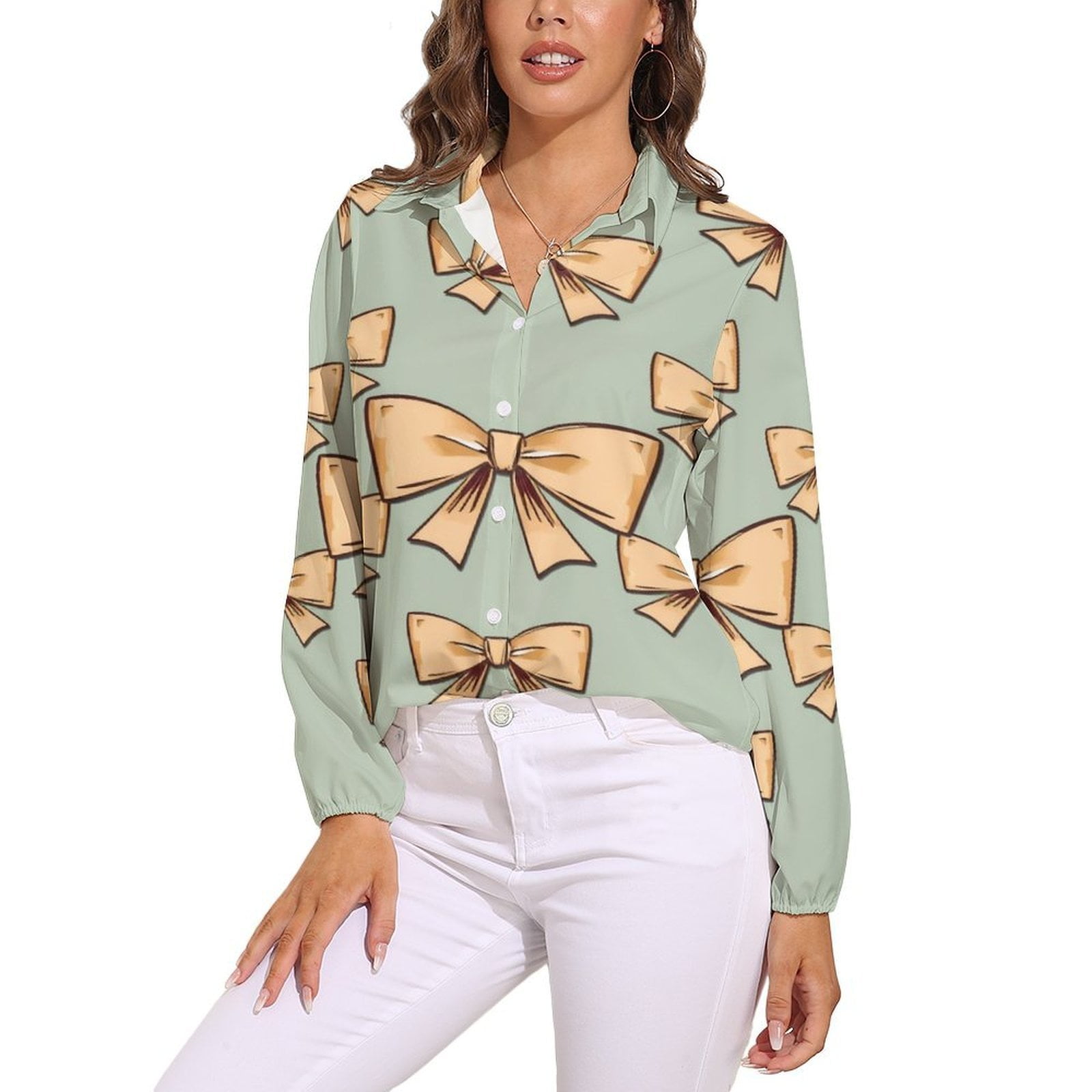 Blouses Women Pastel Bow Pattern Shirt Autumn Long Sleeve Lapel Tops ...