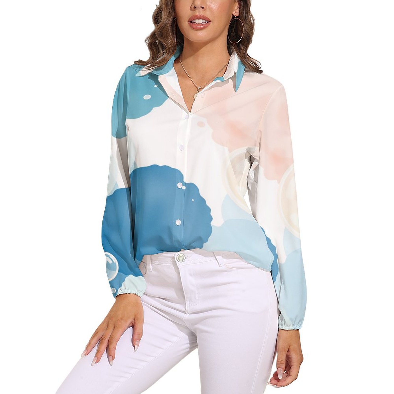 Blouses Women Pastel Watercolor Bubbles Shirt Autumn Long Sleeve Lapel ...