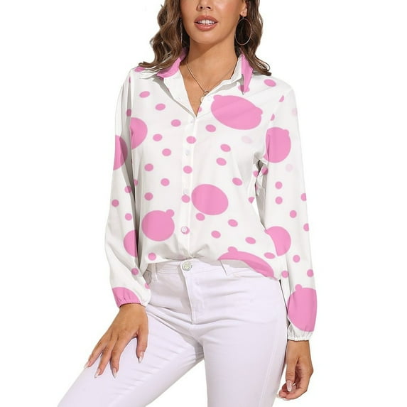 Blouses Women Pink Polka Dot Pattern Shirt Autumn Long Sleeve Lapel ...