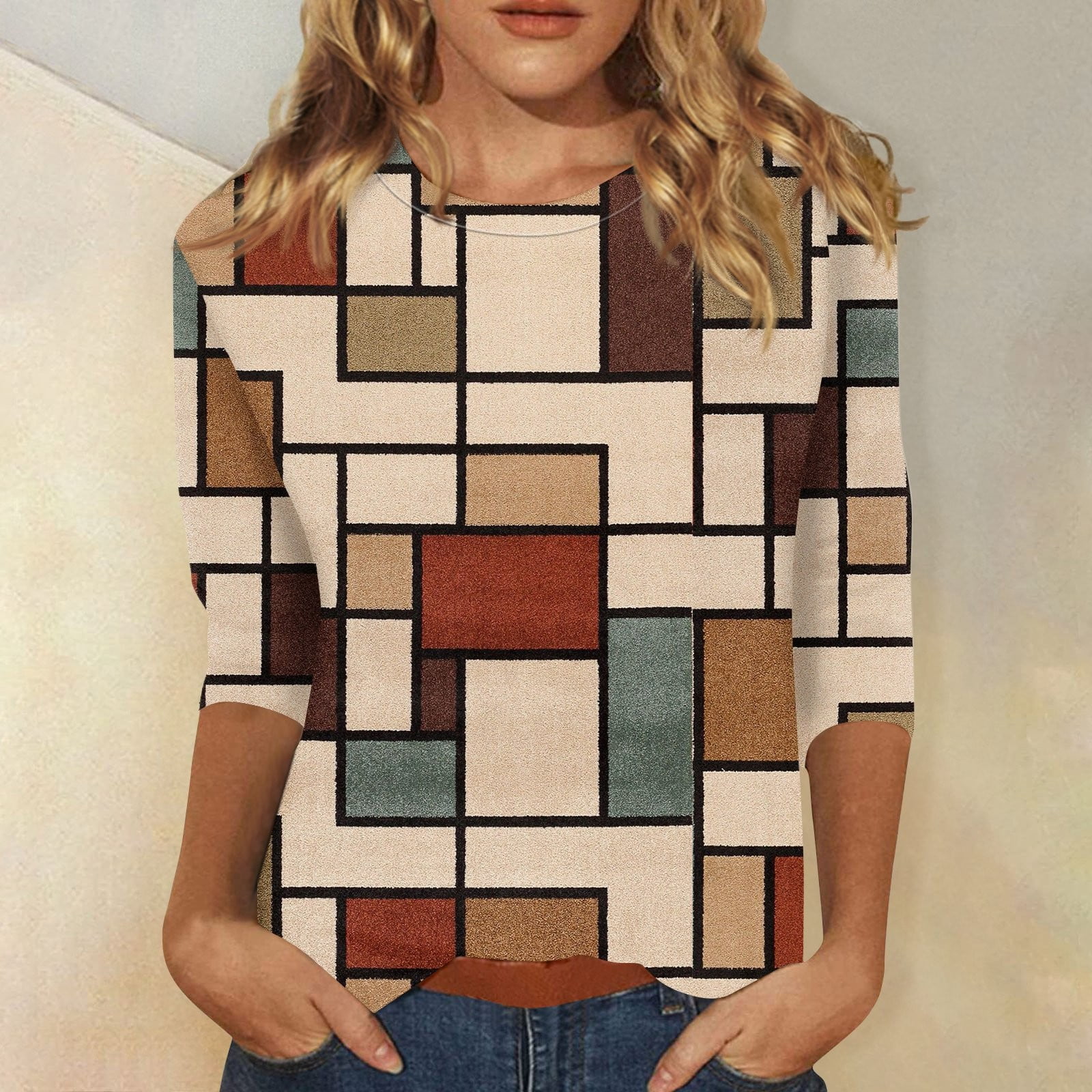 Blouses for Women Plus Size 3/4 Sleeve Mid-Length Crew Neck Womens Workout Tops Geometric Print ...