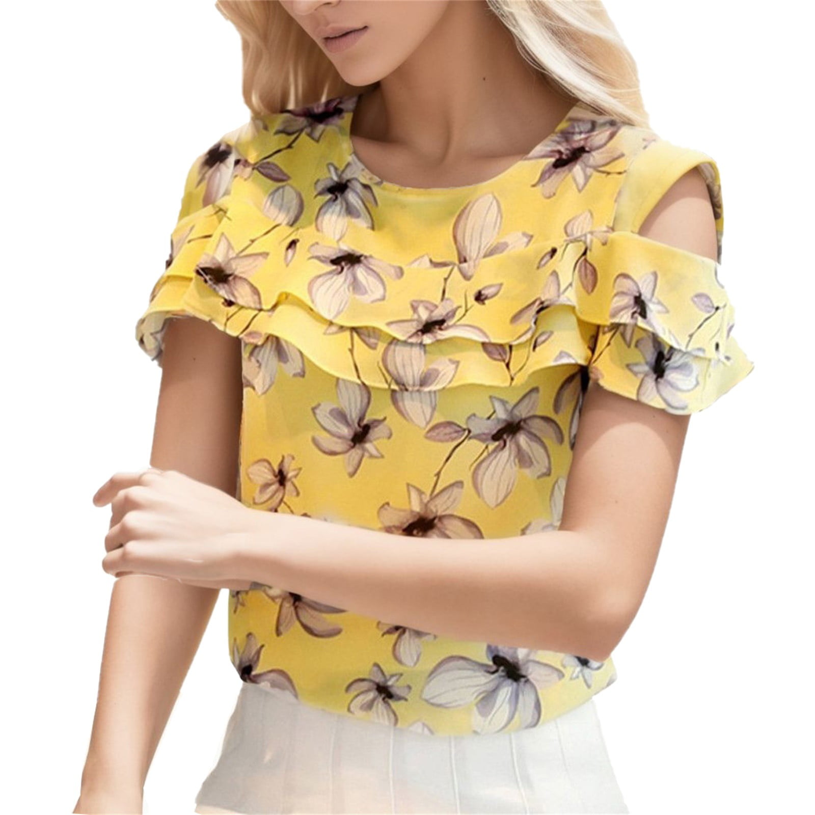 Blouses Women Print Floral Casual Off Tops Chiffon Shoulder Ruffles