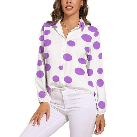 Blouses Women Purple Polka Dot Pattern Shirt Autumn Long Sleeve Lapel ...