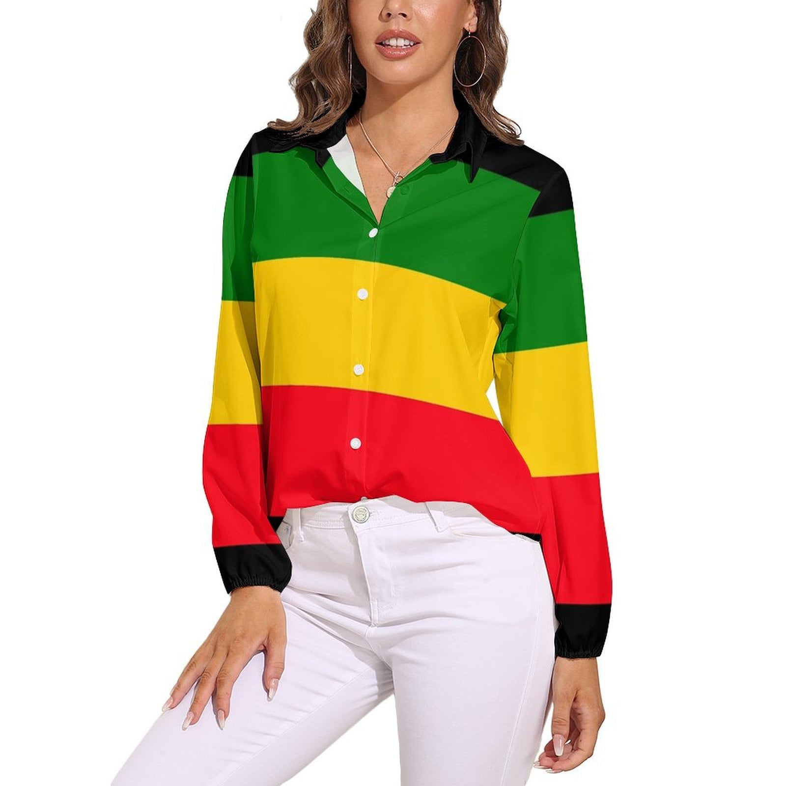 Blouses Women Rastafarian Flag Colors Shirt Autumn Long Sleeve Lapel ...