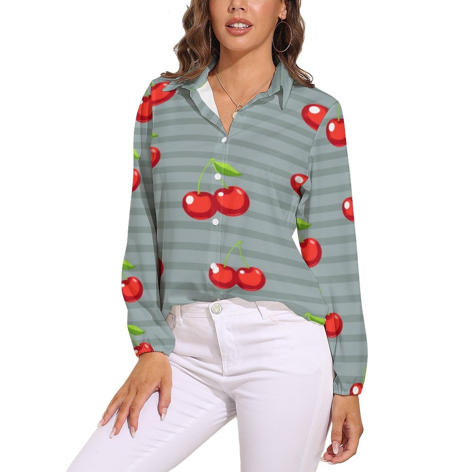 Blouses Women Red Cherries Pattern Shirt Autumn Long Sleeve Lapel Tops ...