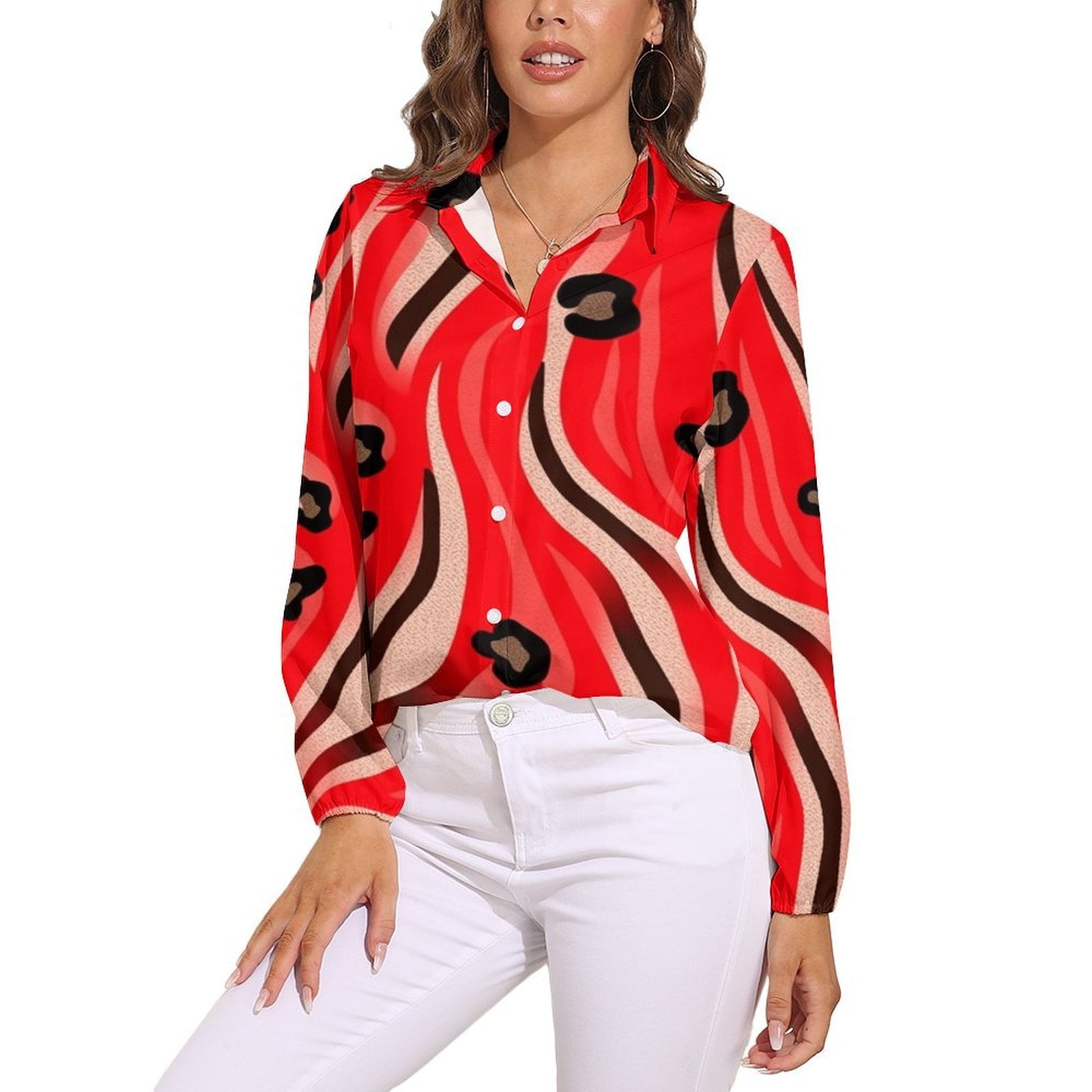 Blouses Women Red Zebra Leopard Print Shirt Autumn Long Sleeve Lapel ...