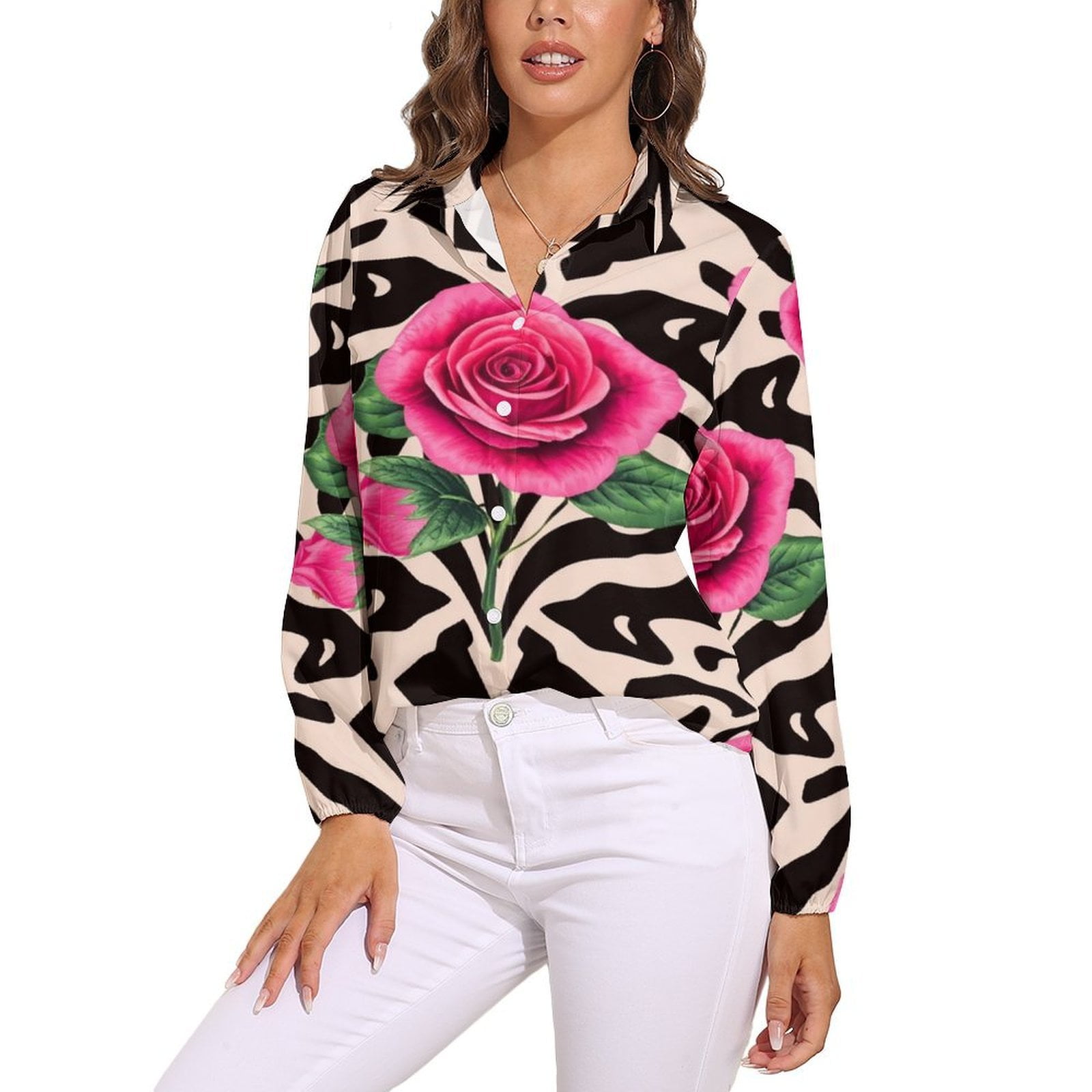 Blouses Women Rose And Zebra Print Pattern Shirt Autumn Long Sleeve ...
