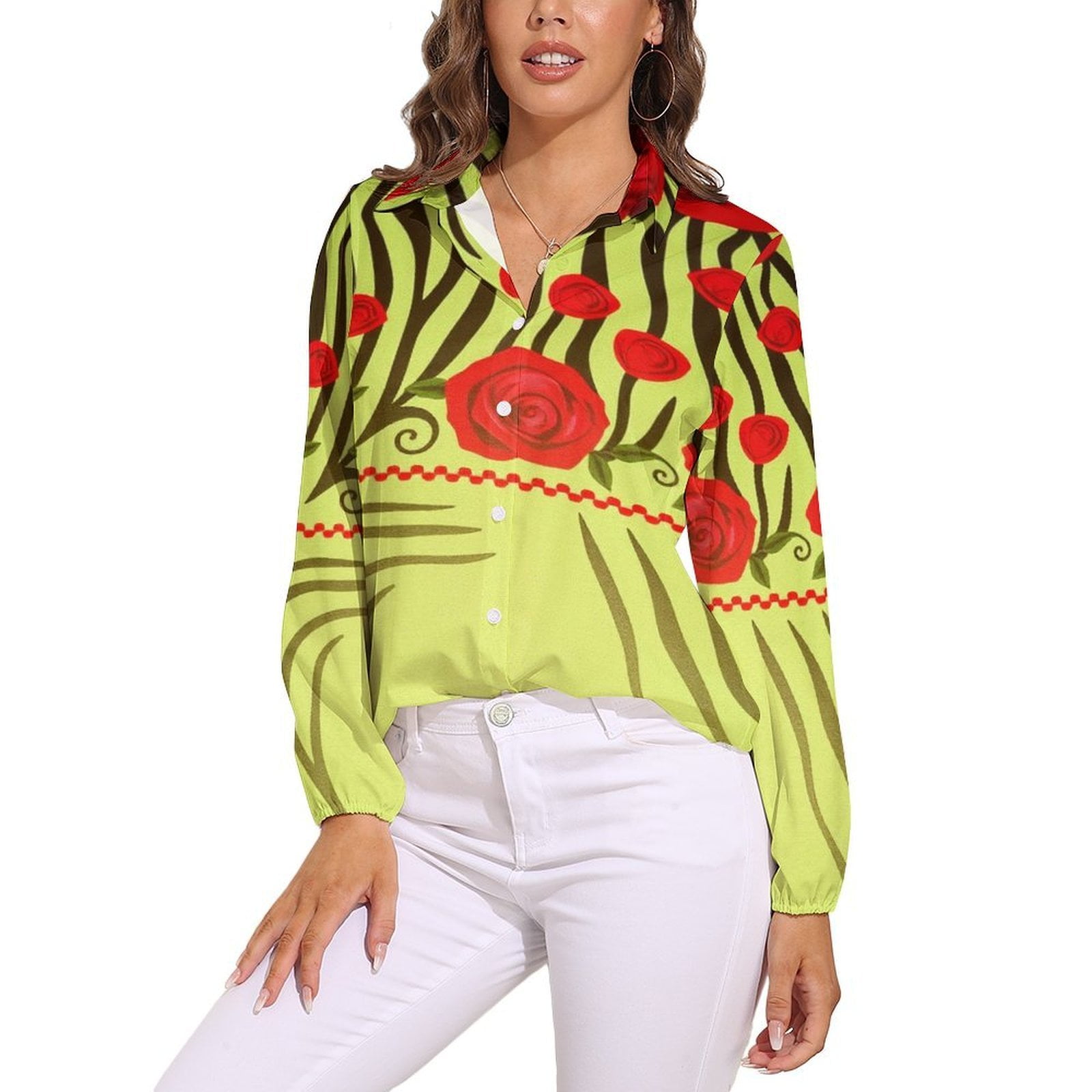 Blouses Women Rose And Zebra Print Pattern Shirt Autumn Long Sleeve ...