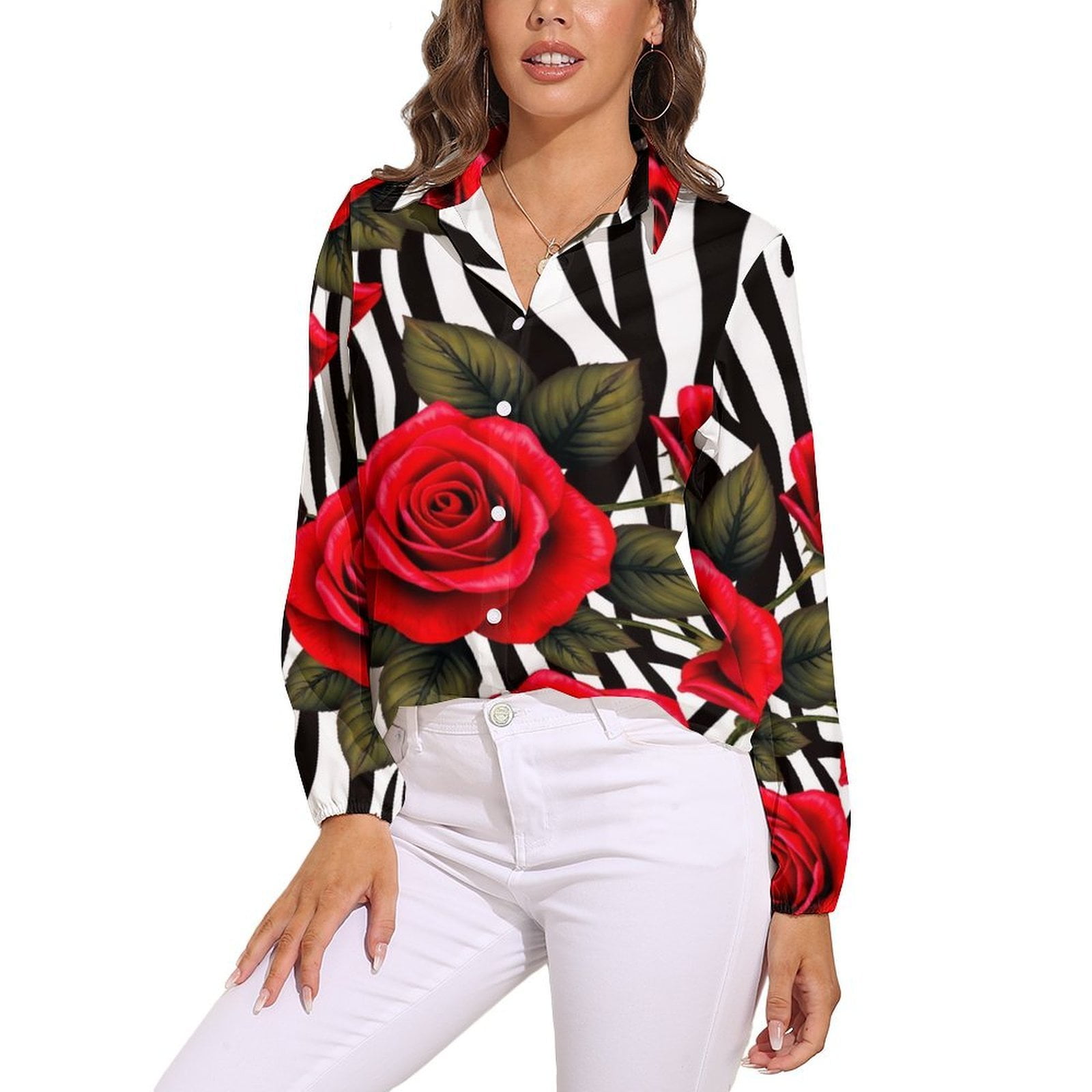 Blouses Women Rose And Zebra Print Pattern Shirt Autumn Long Sleeve ...