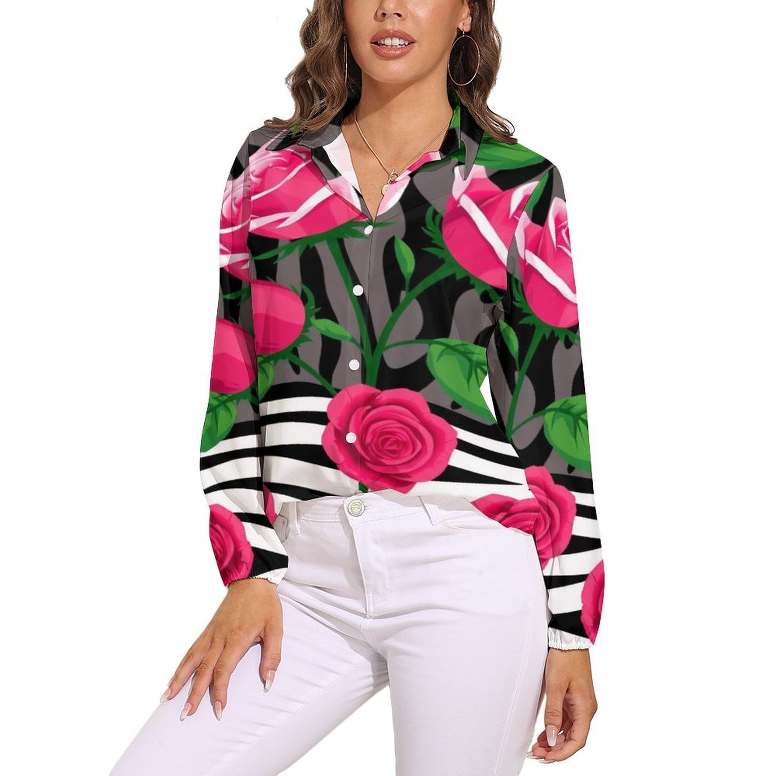 Blouses Women Rose And Zebra Print Pattern Shirt Autumn Long Sleeve ...