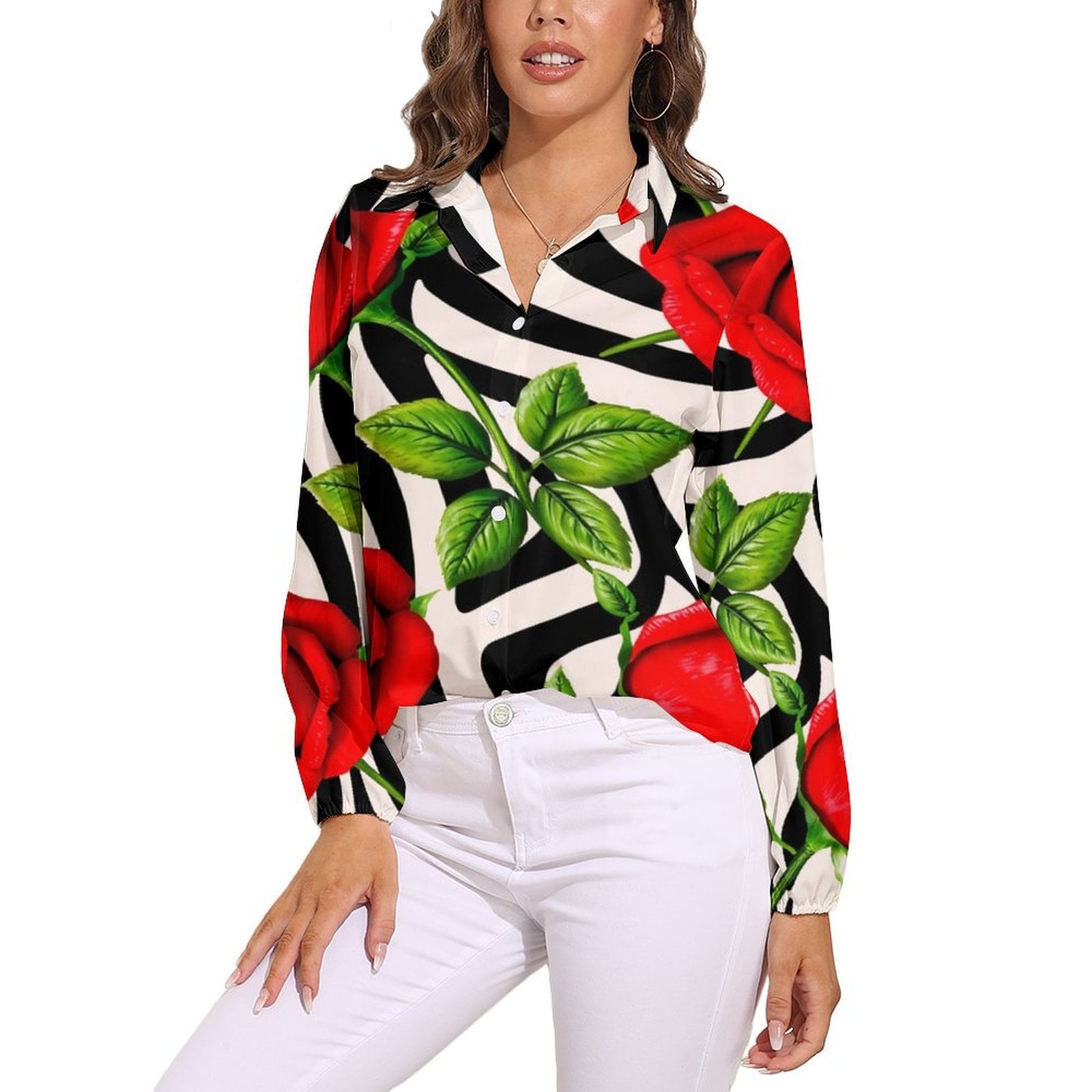 Blouses Women Rose And Zebra Print Pattern Shirt Autumn Long Sleeve ...