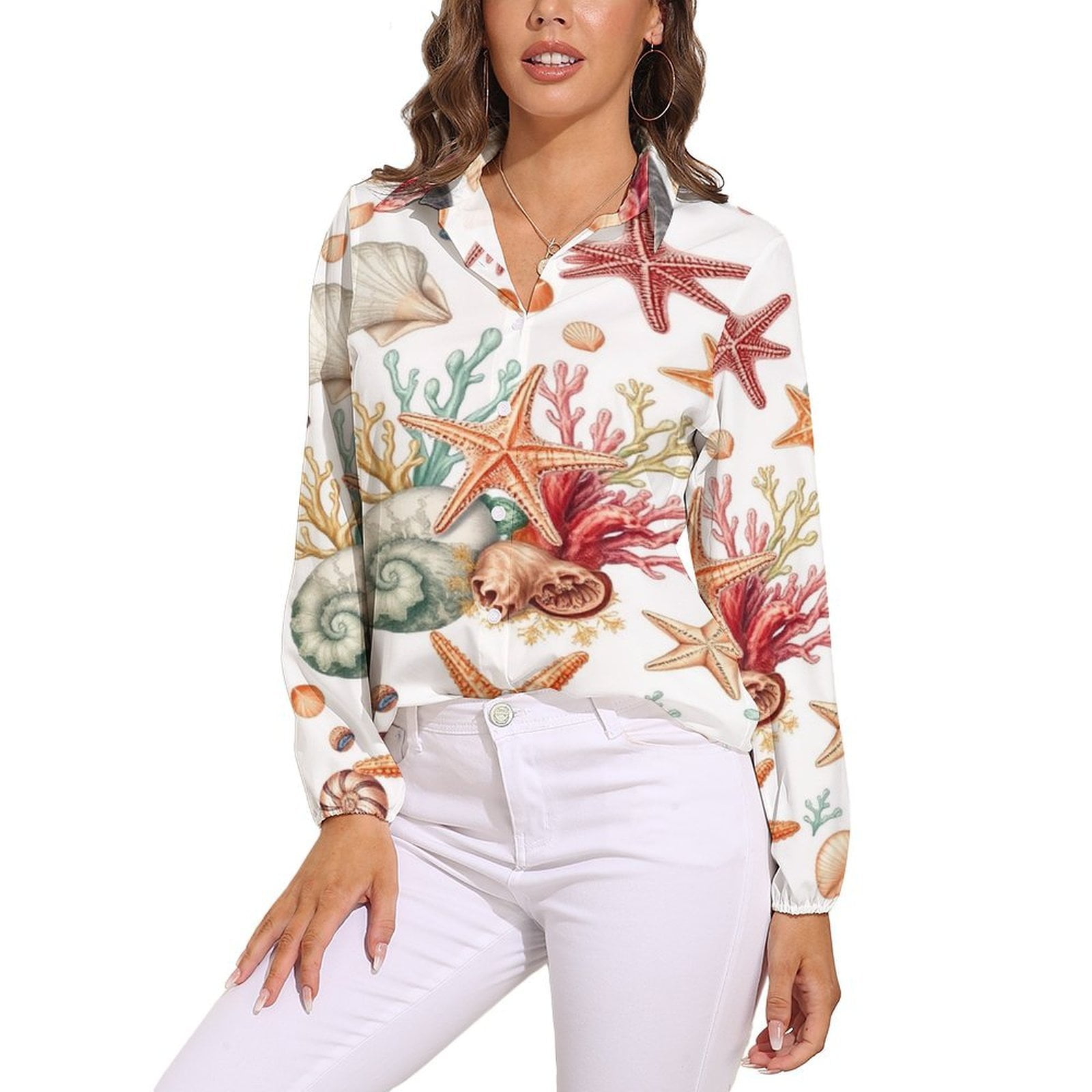 Blouses Women Sea Shells Starfish Coral Shirt Autumn Long Sleeve Lapel ...