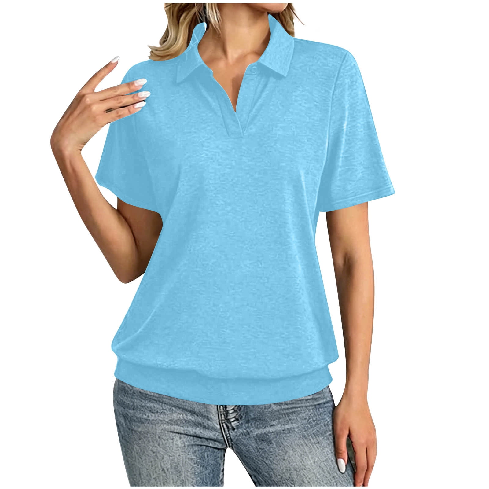 Blouses For Women Summer Collared Short Sleeve Gathered Hem Workwear ...