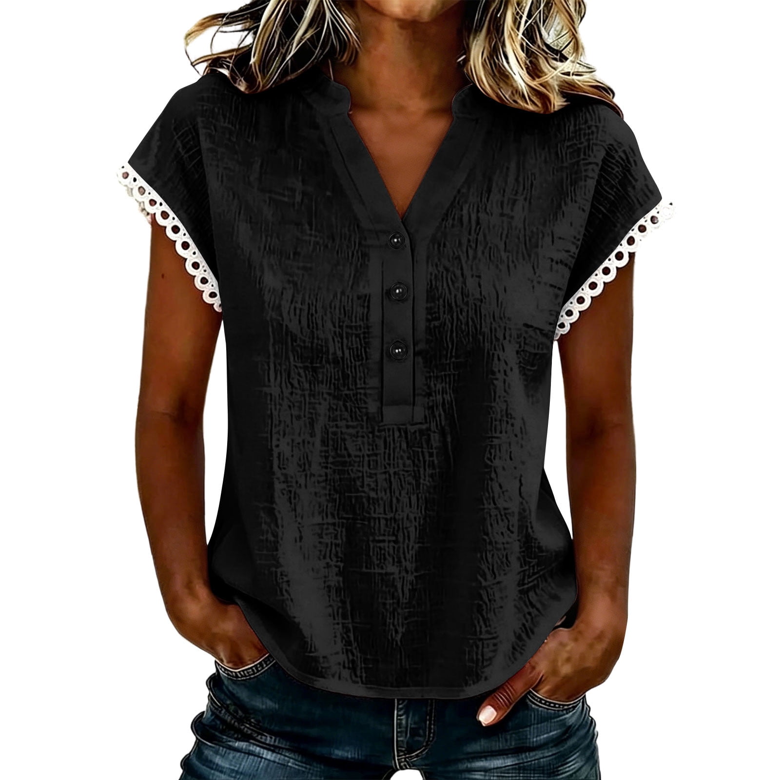 Blouses For Women Summer V Neck Short Sleeve Button Detail Decorative ...