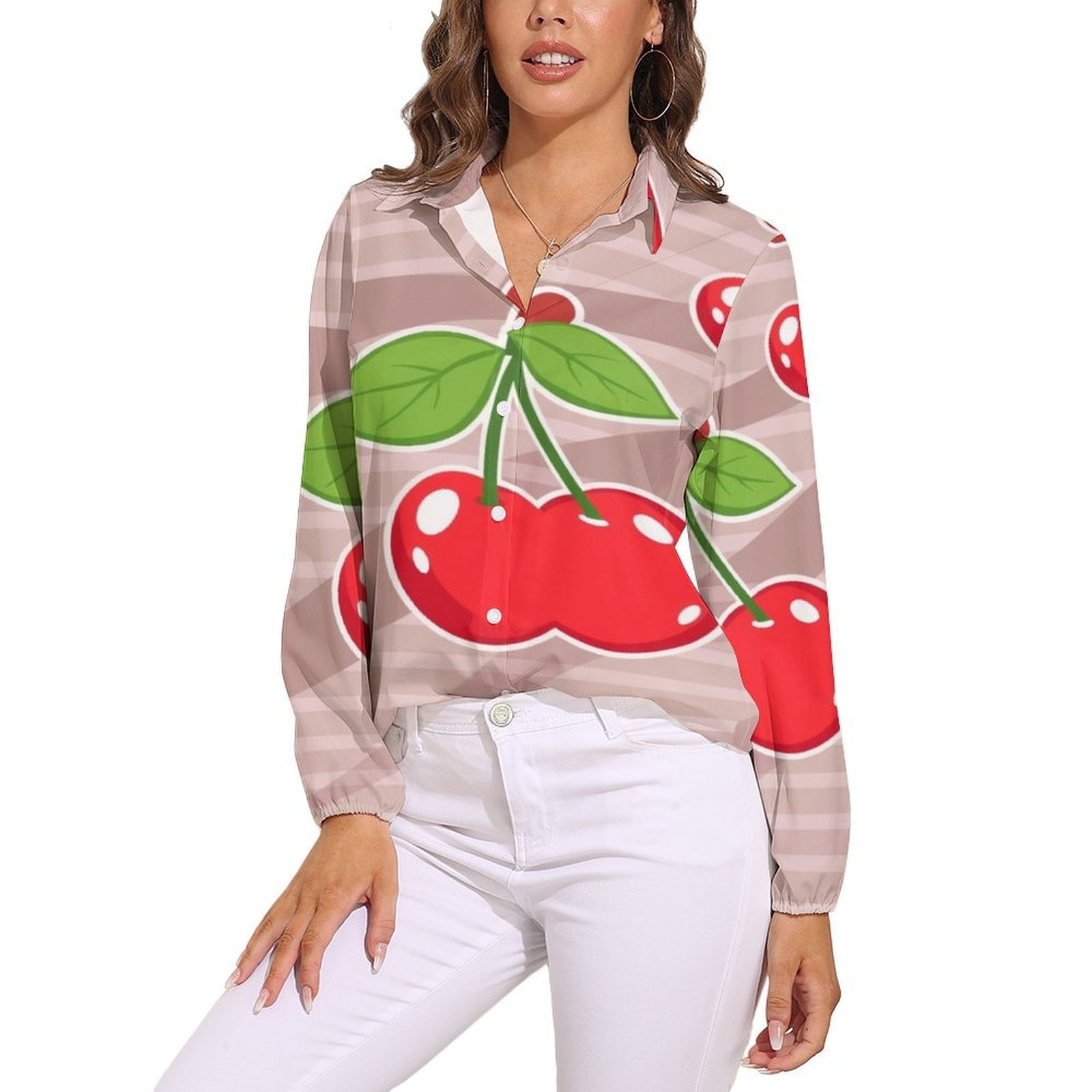Blouses Women Sweet Cherry Pattern Shirt Autumn Long Sleeve Lapel Tops ...