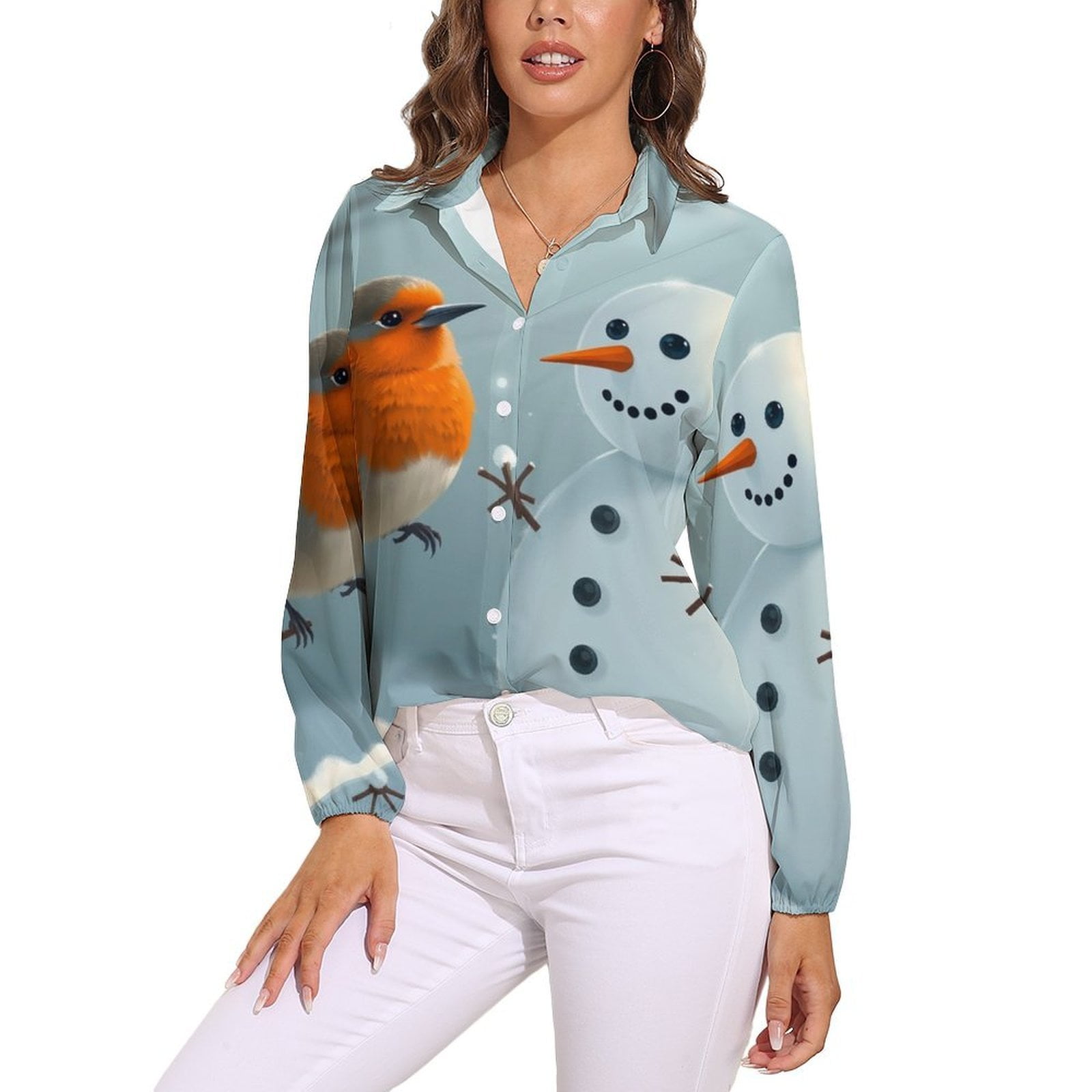 Blouses Women Winter Robin Snowman Shirt Autumn Long Sleeve Lapel Tops ...