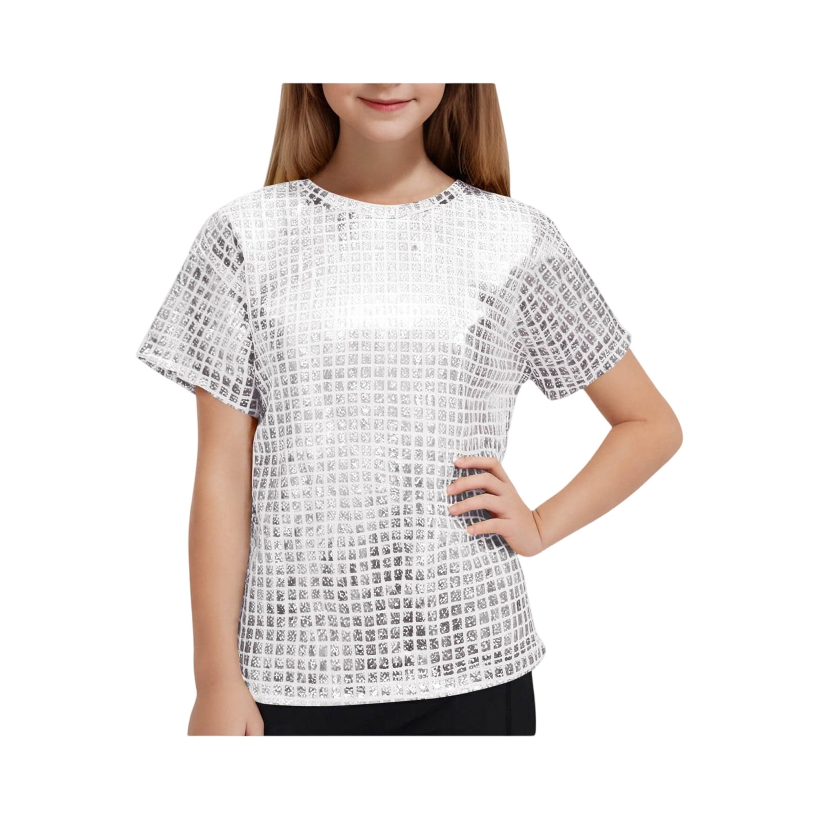 Blouses for Girls Ages 6-14 Plaid Sequin Short Sleeve Round Neck Summer ...
