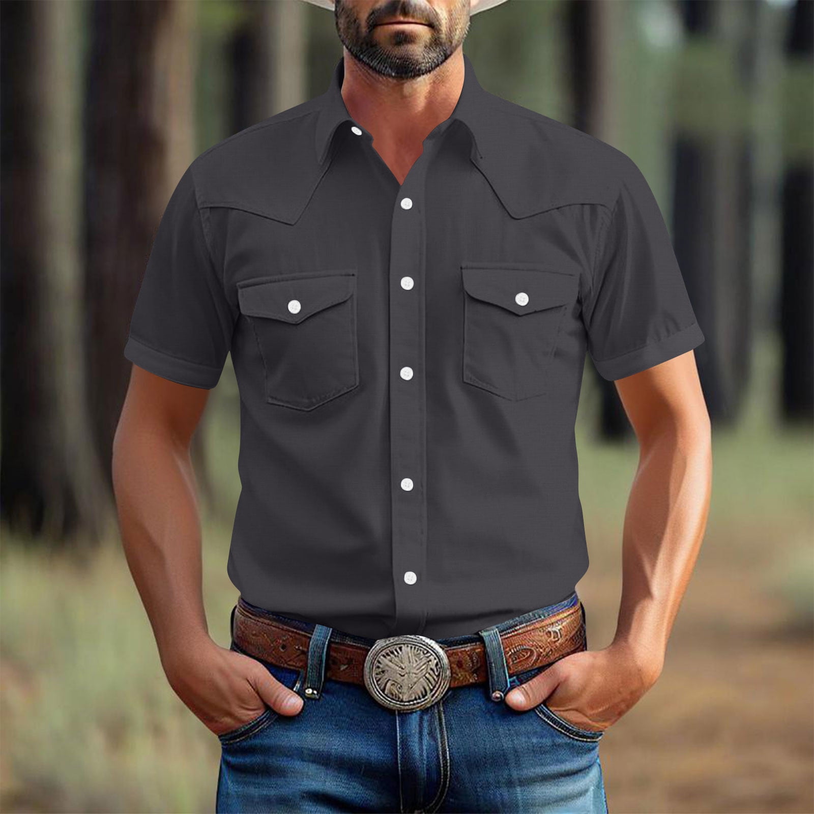 Blouses for Men Men's Fashionable Vintage Solid Color Pocket Casual ...