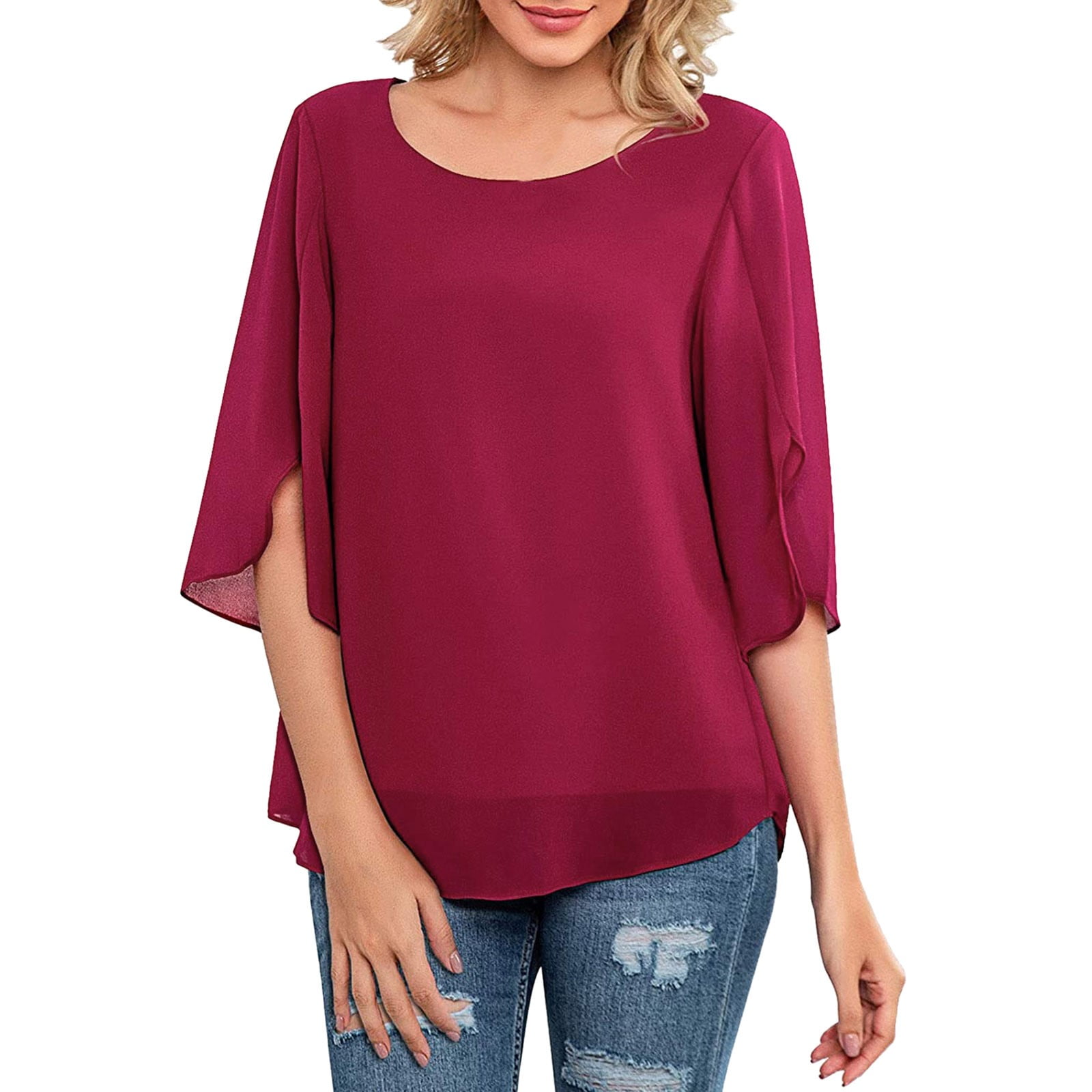 Blouses for Women 12 Loose Half Split Sleeves Double Layer Top Chiffon ...