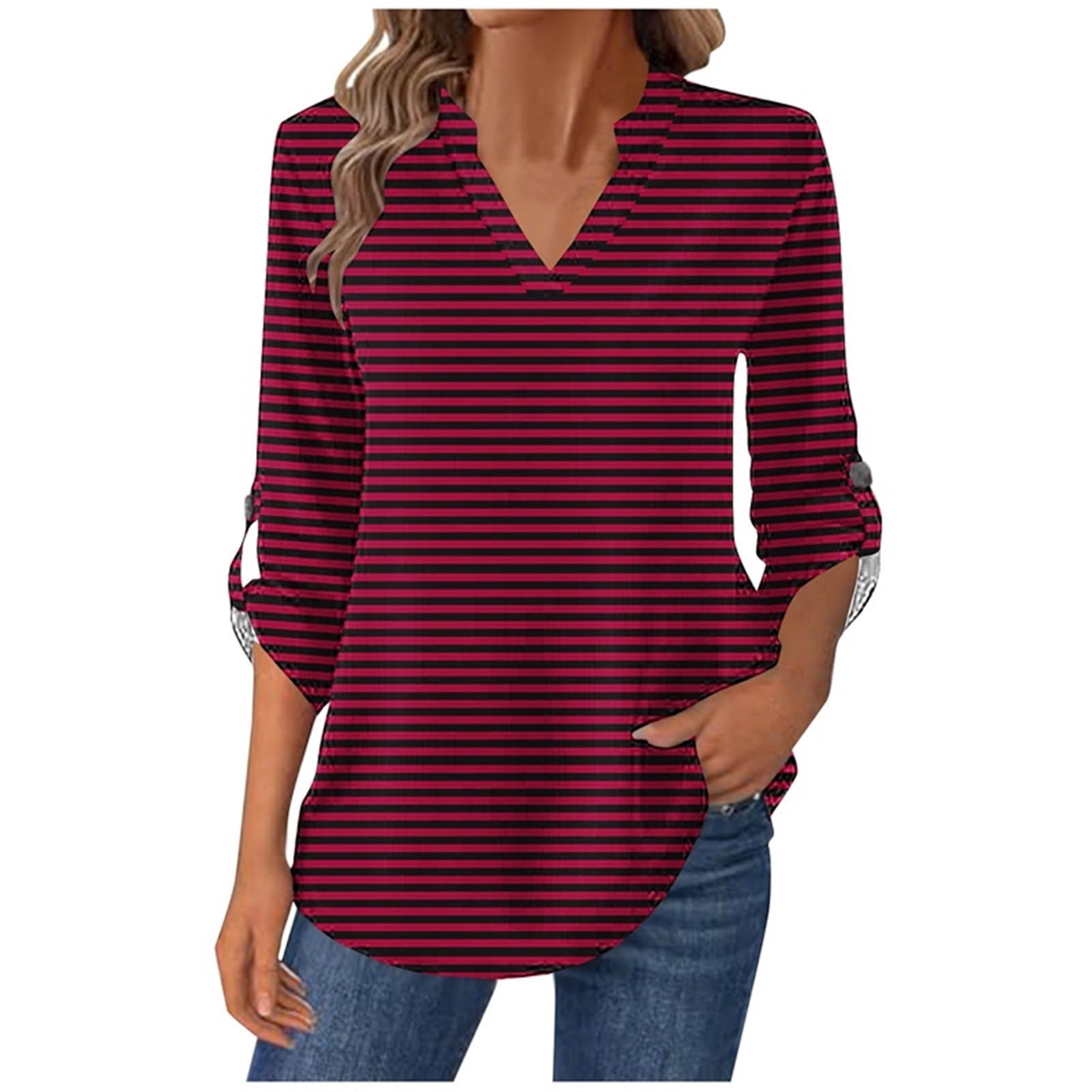 Blouses for Women 3/4 Length Sleeve Notch V Neck Roll Up Loose Fit ...