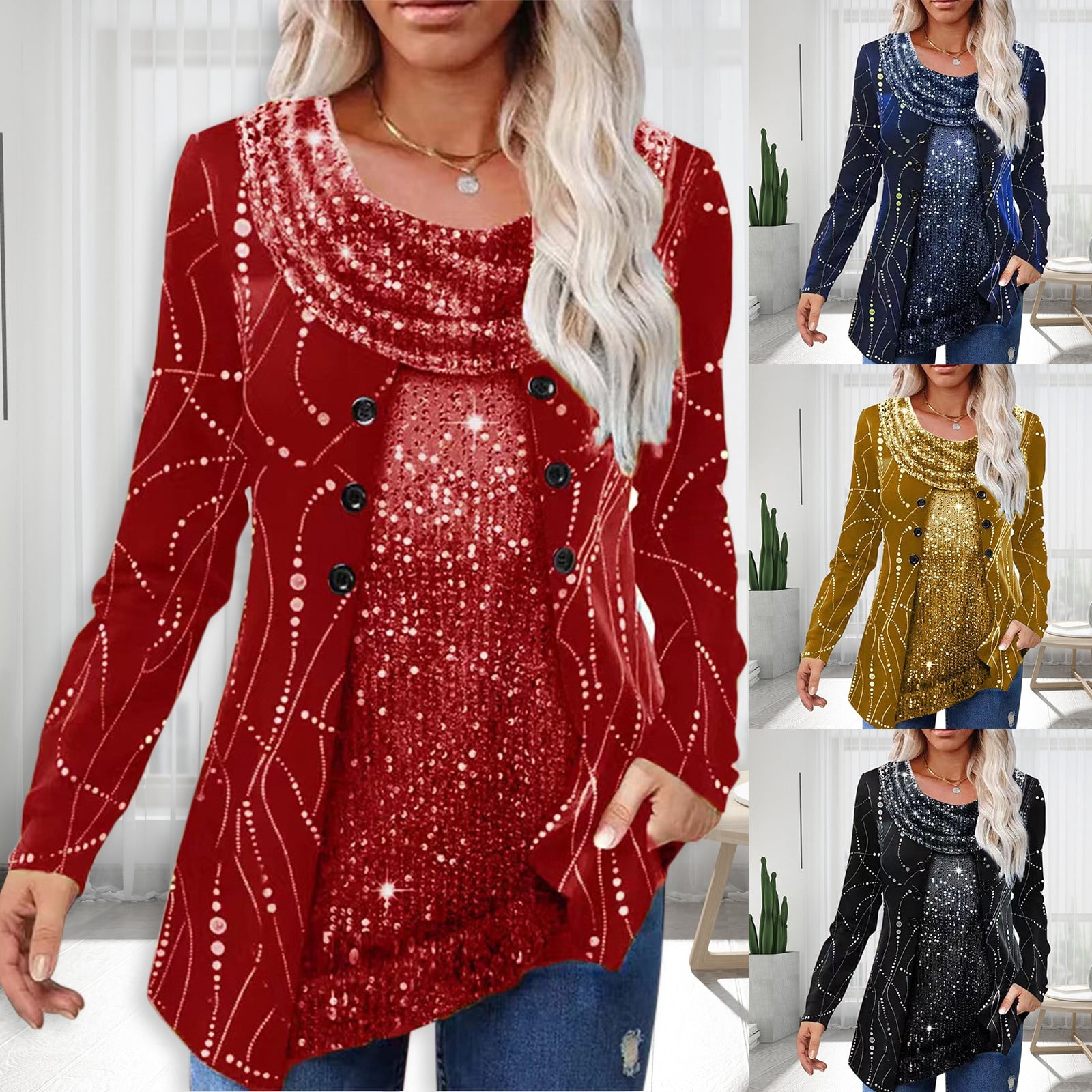 Blouses for Women Beaded Patch Print Drop Long Sleeve Top Gold Casual ...