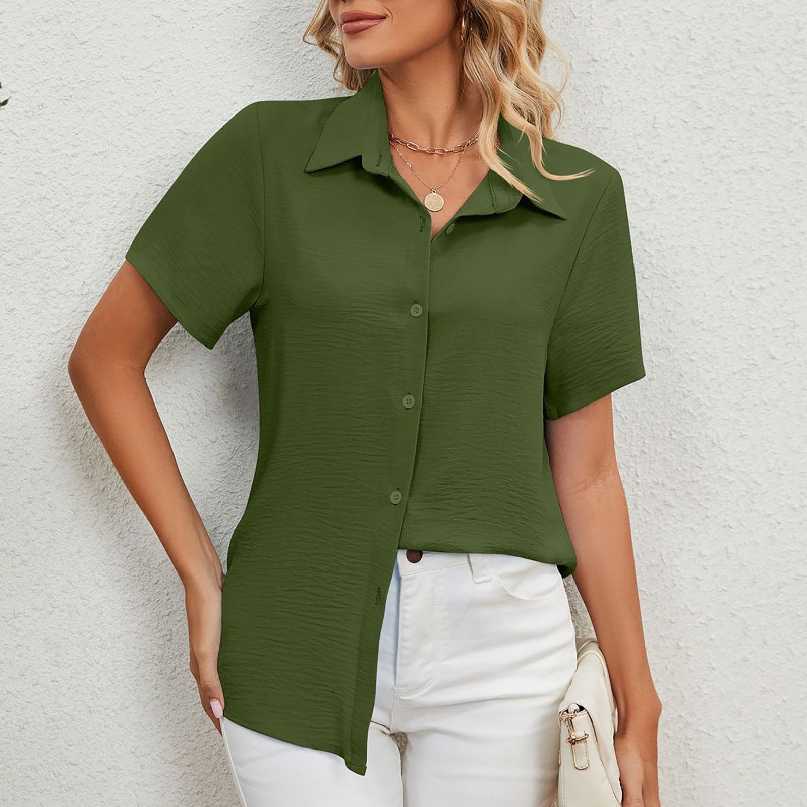 Blouses for Women Button up Shirts Cotton Short Sleeve Blouses V Neck ...
