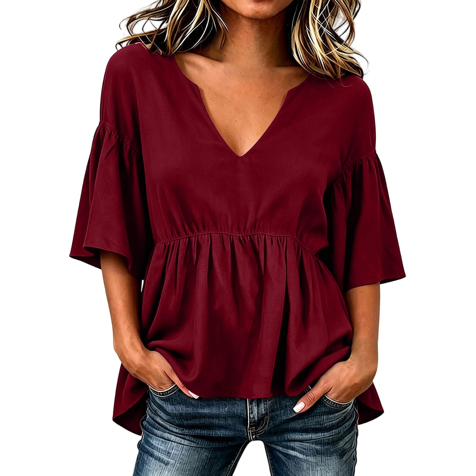 Blouses for Women Casual Dressy V Neck Leaf Short Sleeve Shirts Summer ...
