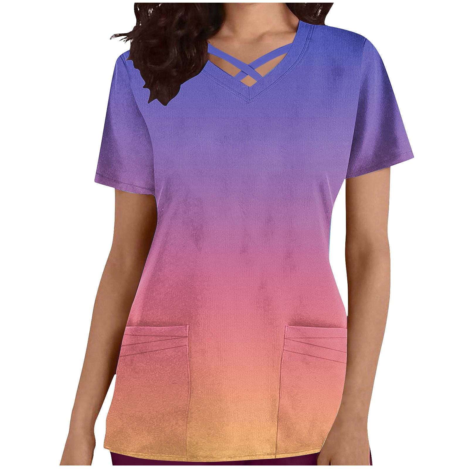 Blouses for Women Casual Fashion Cross Gradient Color Short Sleeved V ...
