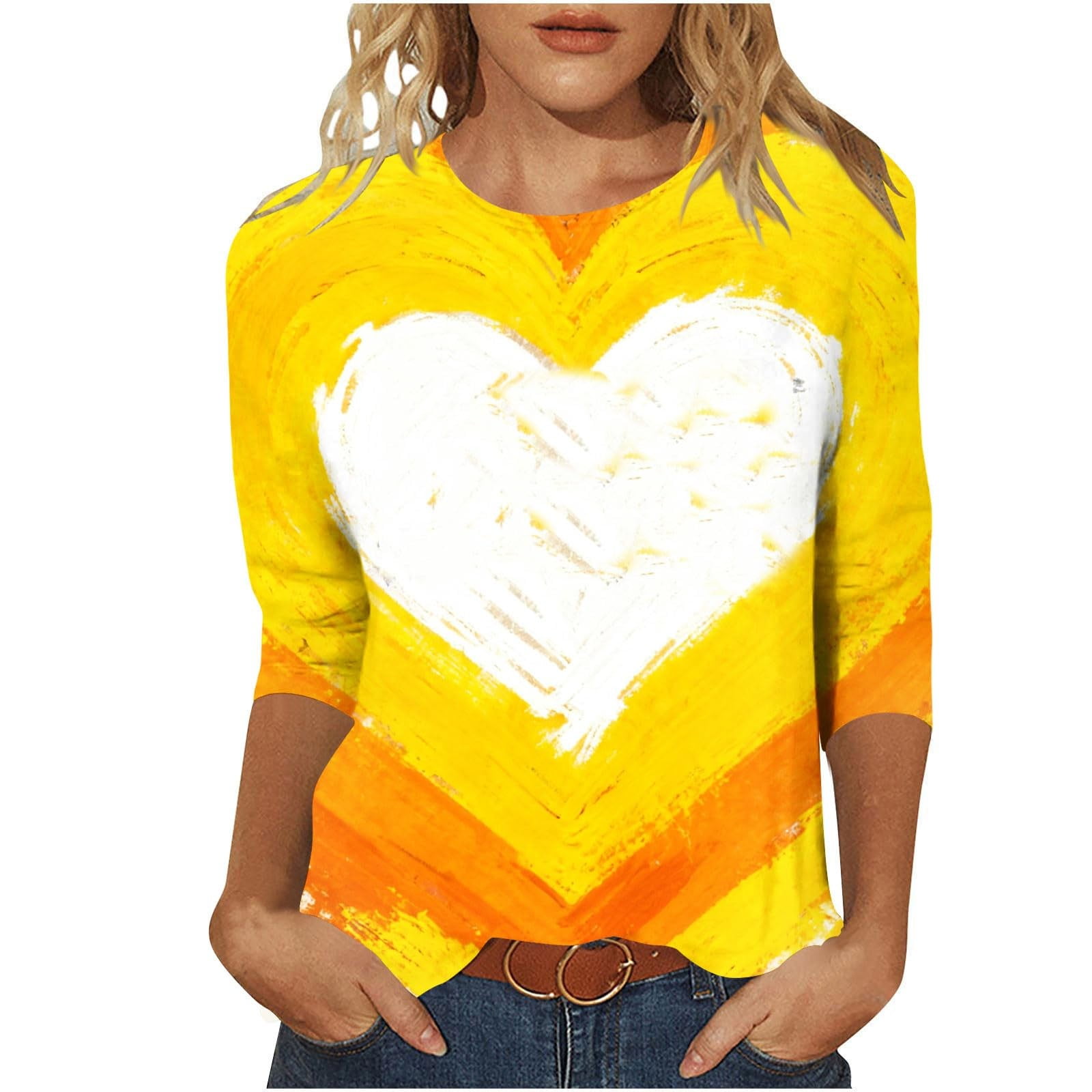 Blouses for Women Cute Heart Print 3/4 Sleeve T Shirt Valentine's Day ...