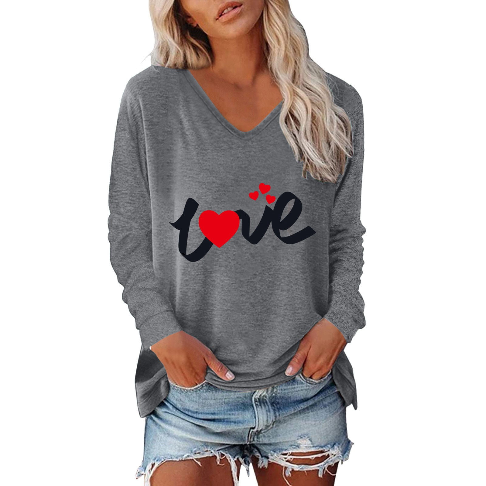 Blouses for Women Cute Love Heart Graphic Printed Long Sleeved Sexy V ...