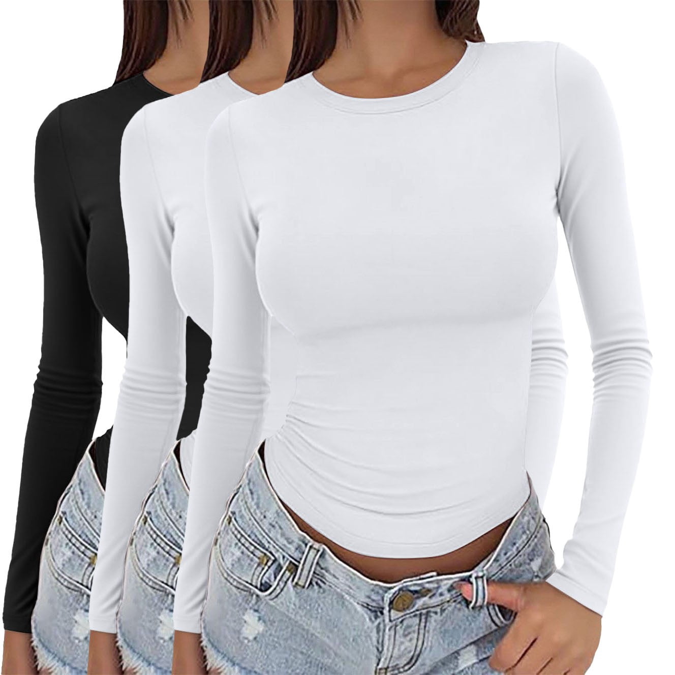 Blouses for Women Dressy Casual 3 Pieces Basic Long Sleeve Slim Dupe ...