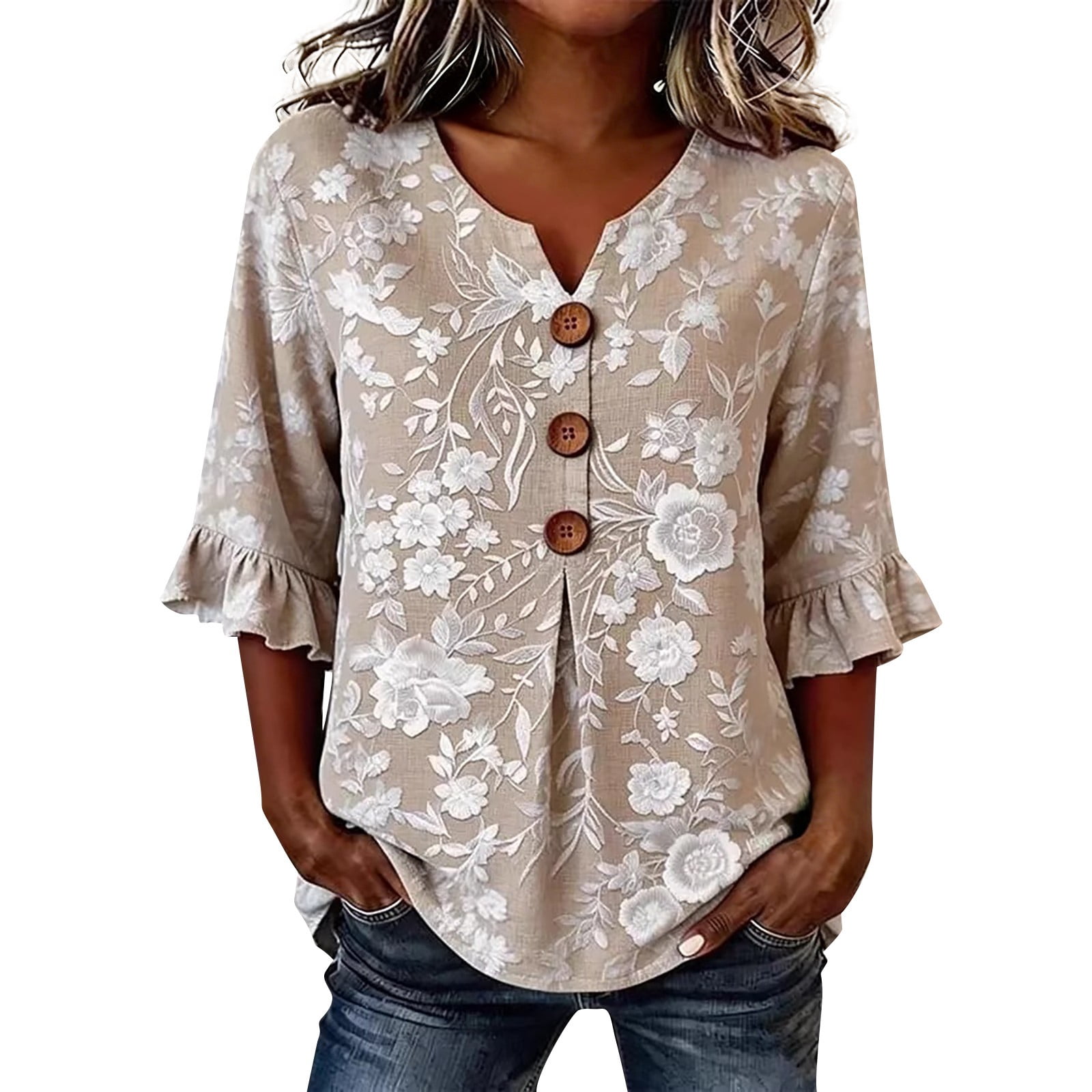Blouses for Women Dressy Casual Art Print Blouse V Neck 3/4 Sleeve ...