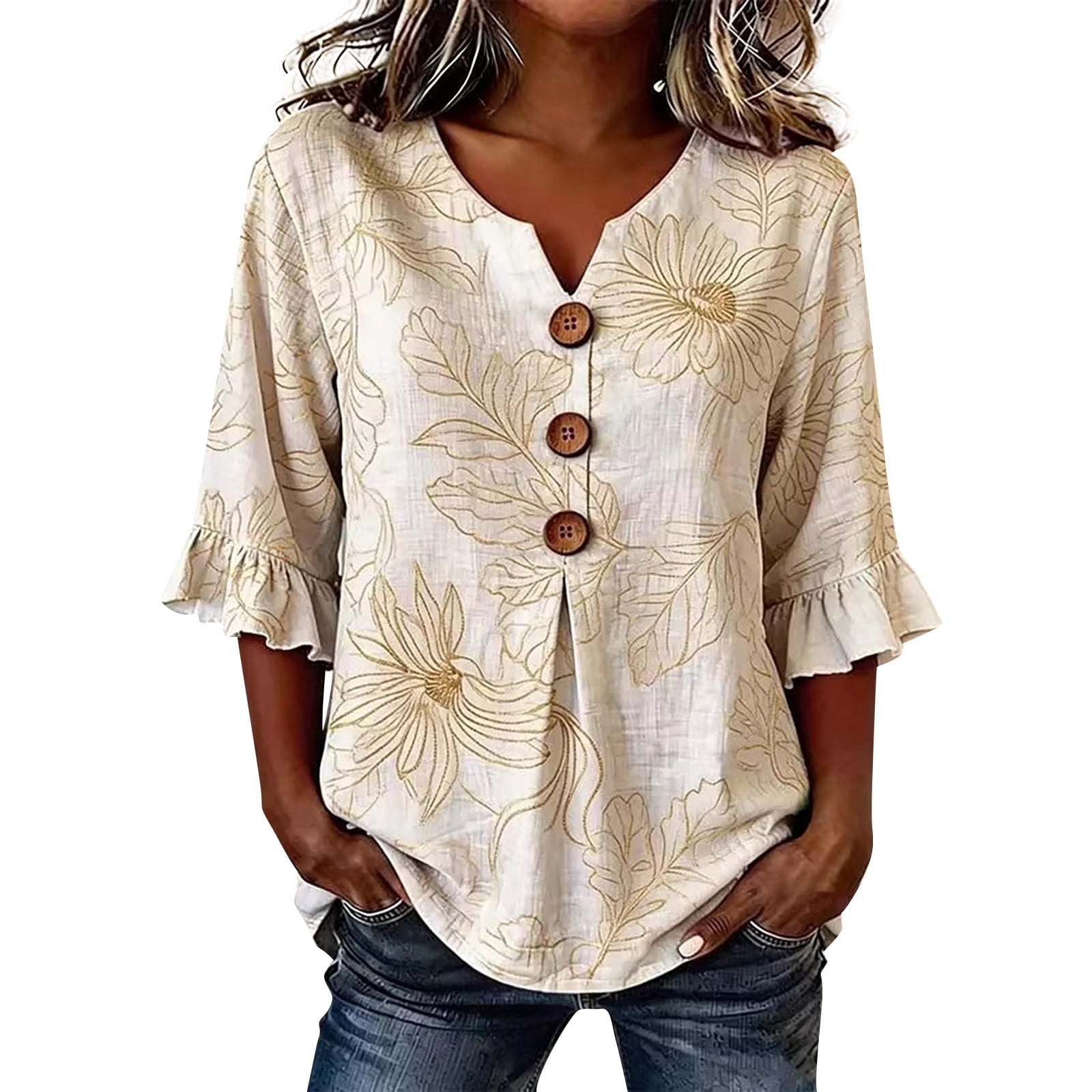 Blouses for Women Dressy Casual Art Print V Neck 3/4 Sleeve Button ...
